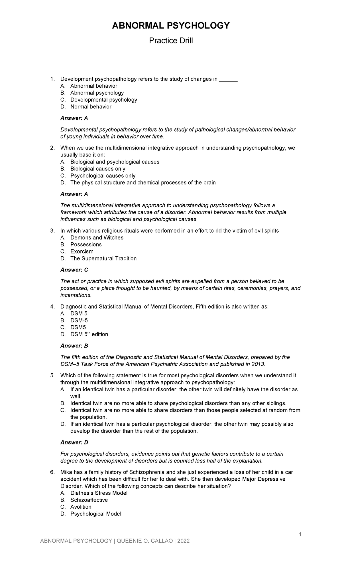 Practice test - Abnormal Psychology - ABNORMAL PSYCHOLOGY Practice ...