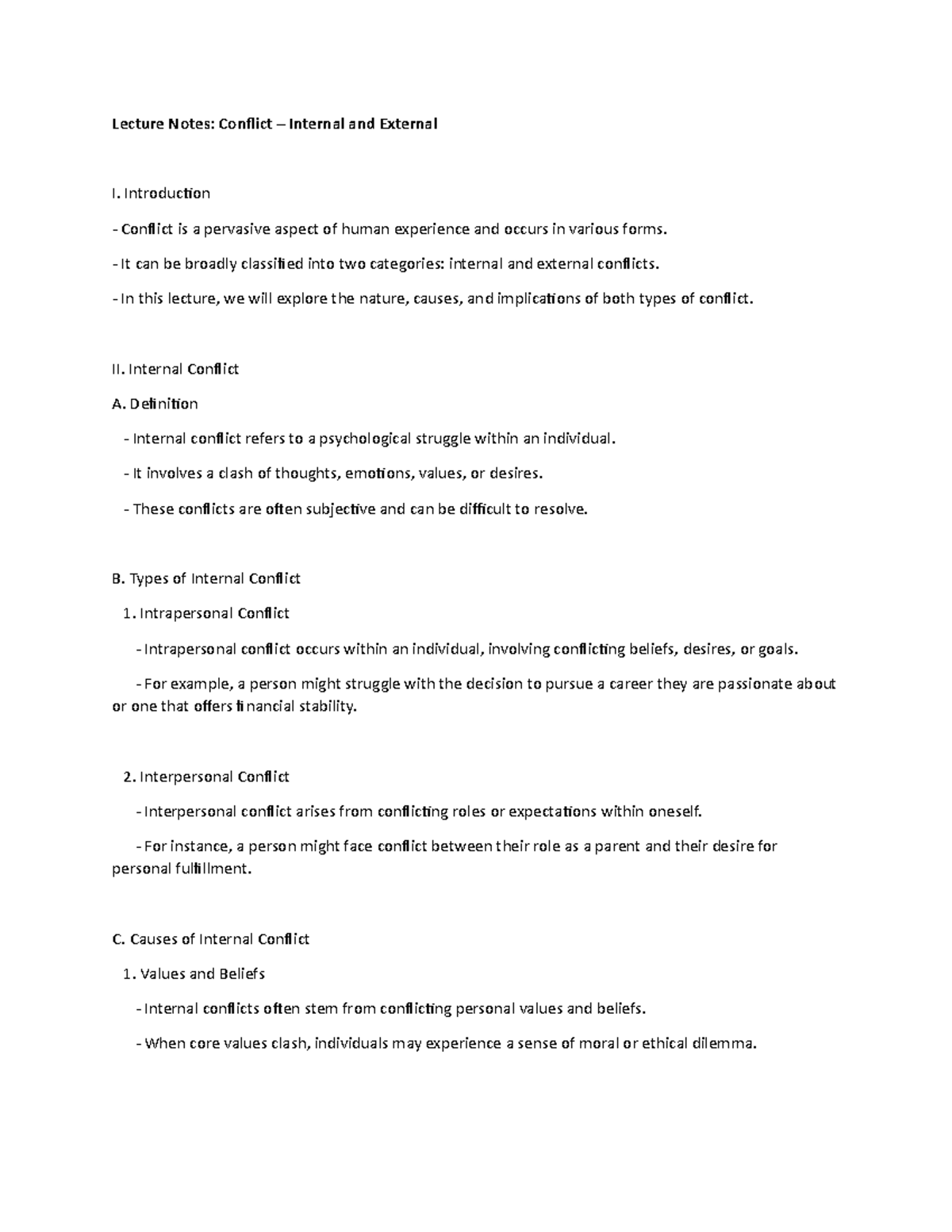 Lecture Notes: Conflict – Internal and External - Lecture Notes ...