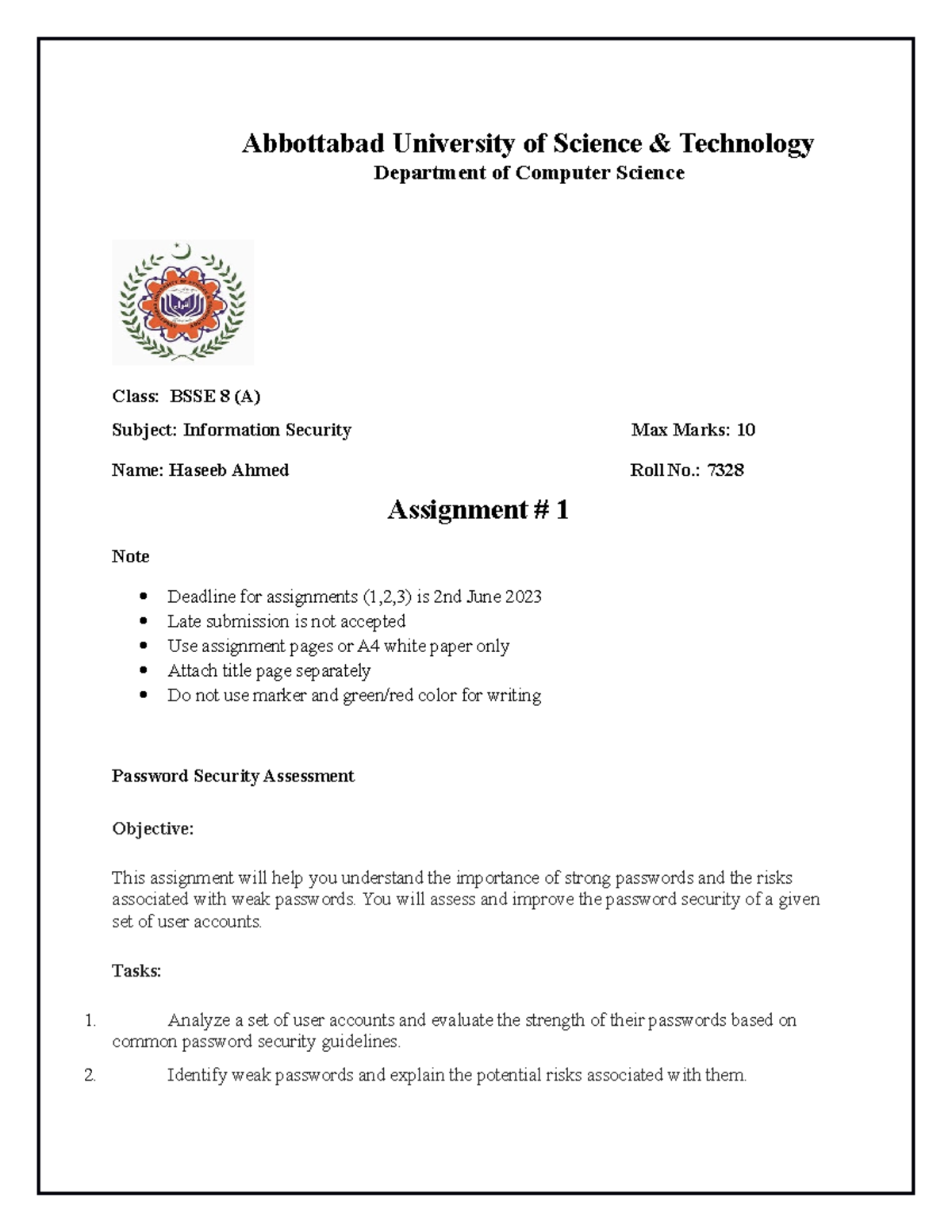Information - : 7328 Assignment # 1 Note Deadline for assignments (1,2,3) is 2nd June 2023 Late ...