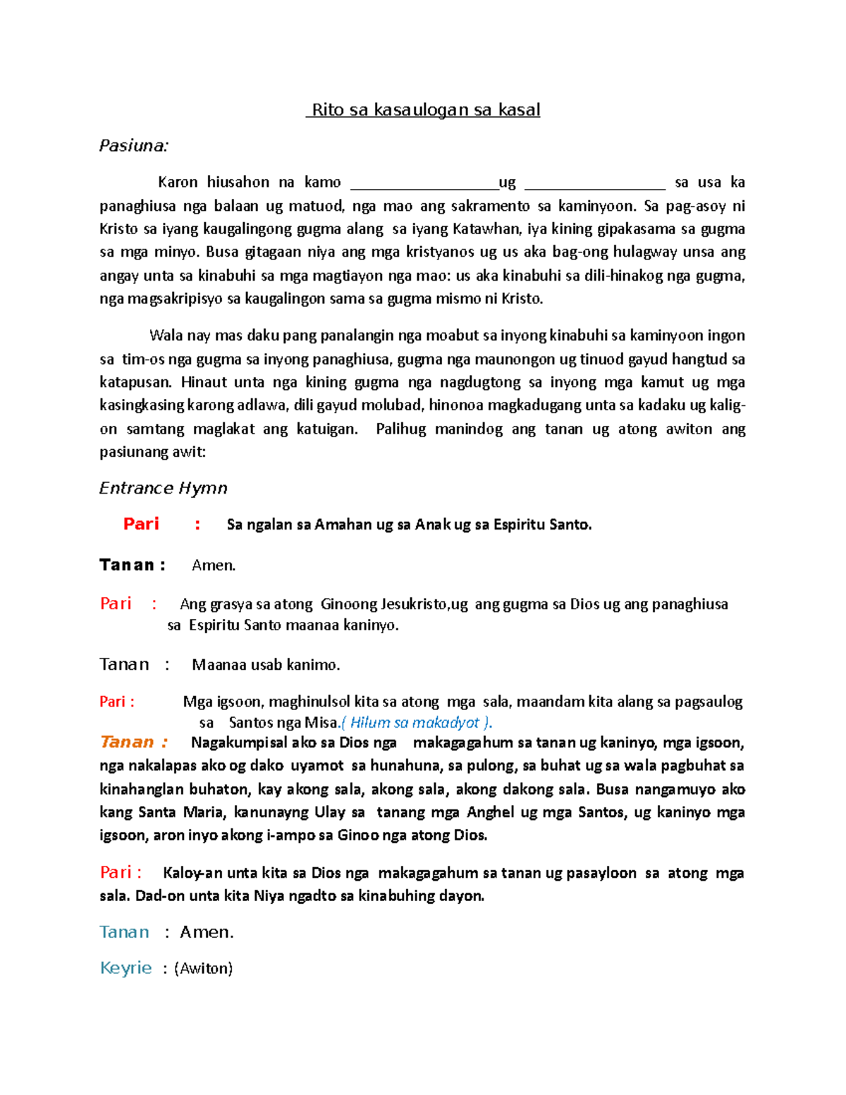 Wedding Liturgy Bisaya NW - Rito sa kasaulogan sa kasal Pasiuna: Karon ...