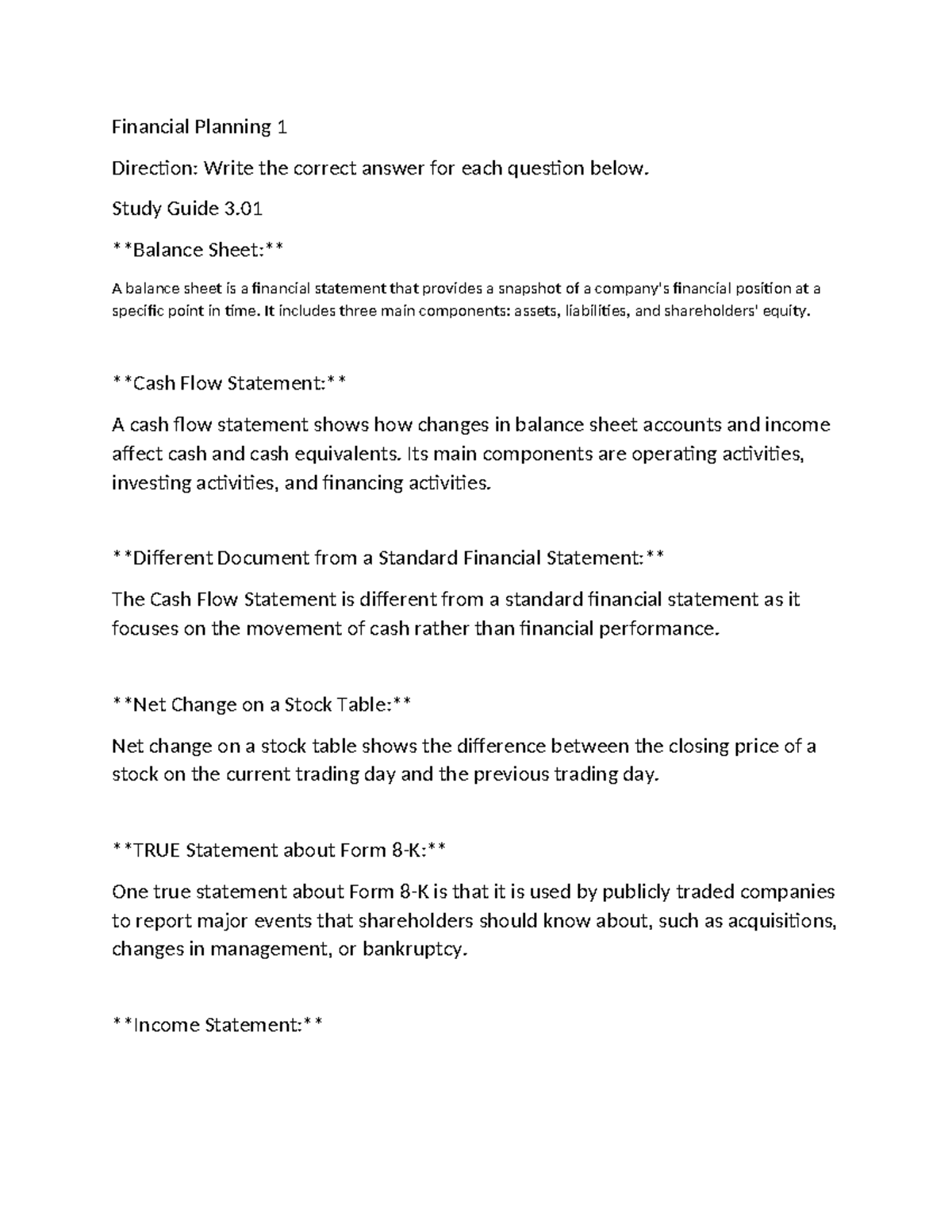 Review Study guide 3.01 and 3 - Financial Planning 1 Direction: Write ...