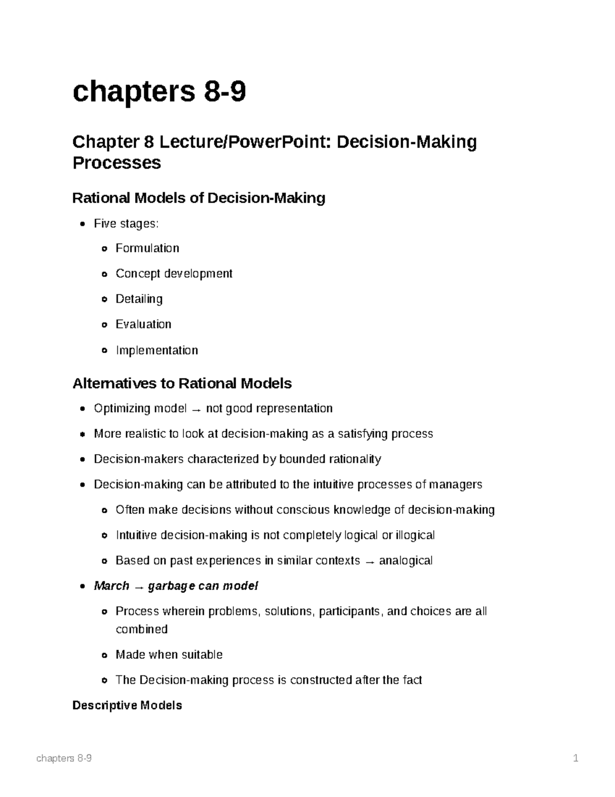 Chapters 8-9 - chapters 8- Chapter 8 Lecture/PowerPoint: Decision ...