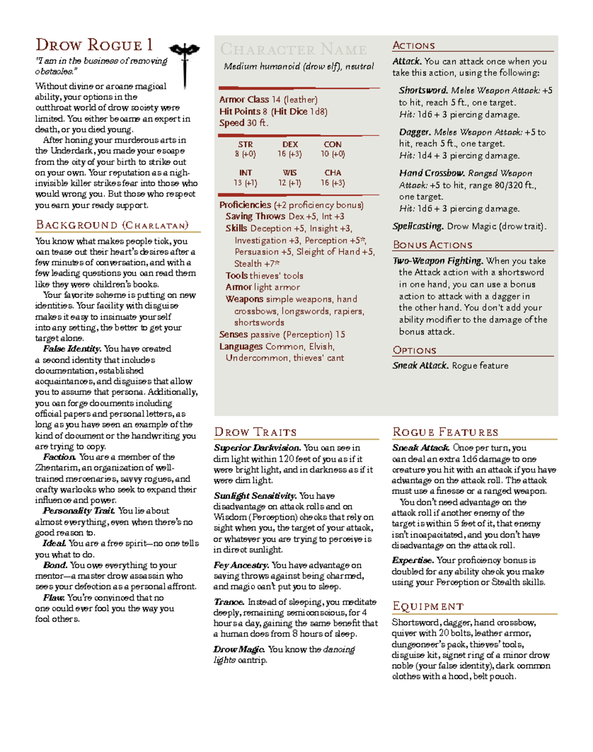 Drow Rogue 1 - Drow Traits Superior Darkvision. You can see in dim ...