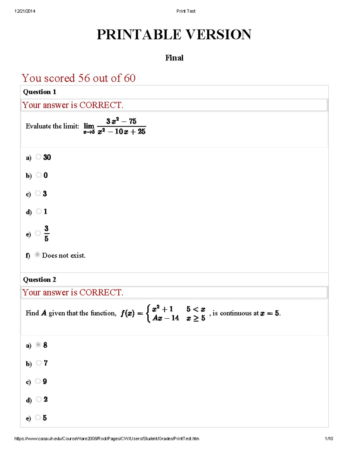 Final - Practice questions on cal - PRINTABLE VERSION Final You scored ...