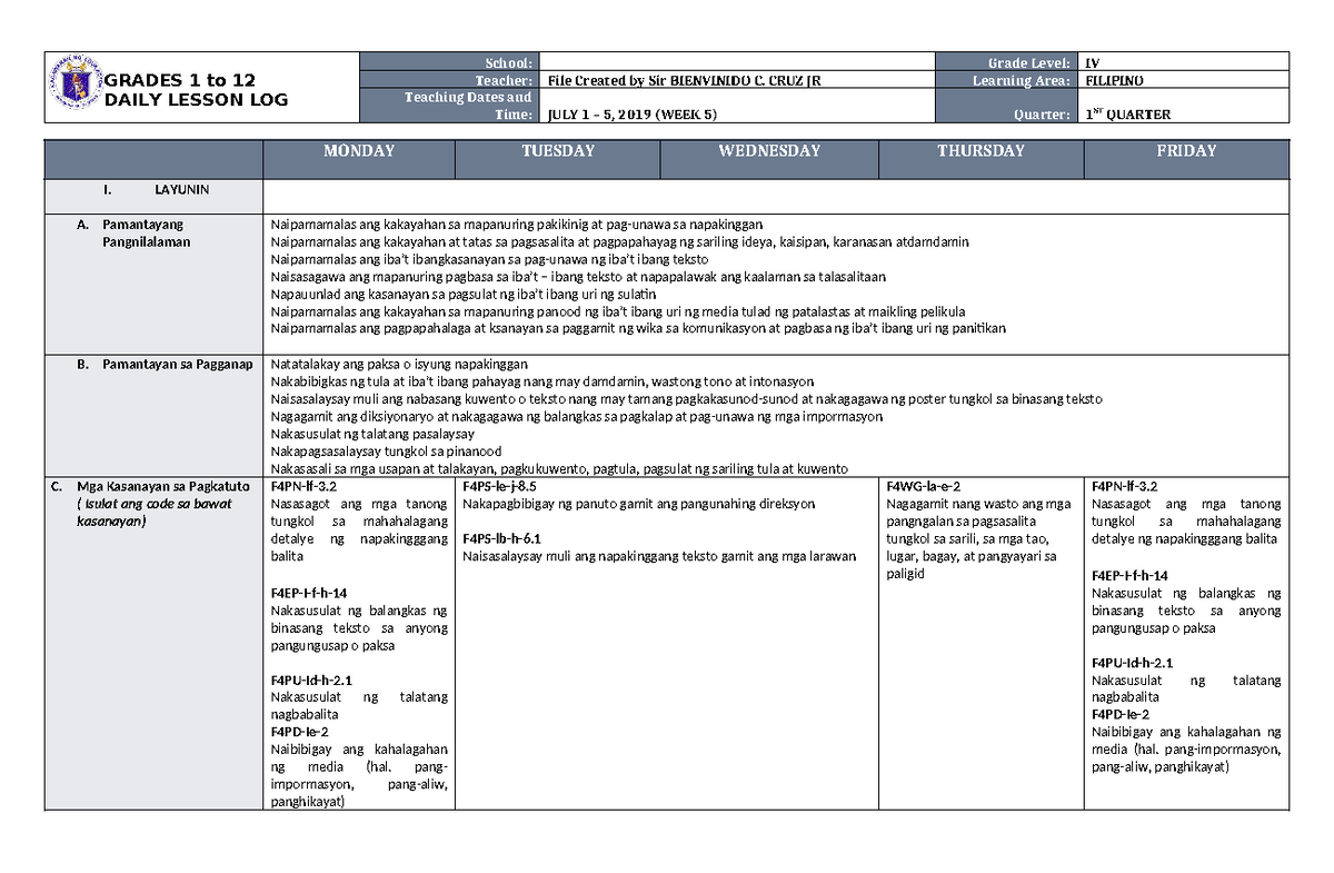DLL Filipino 4 Q1 W5 - Notes - GRADES 1 to 12 DAILY LESSON LOG School ...