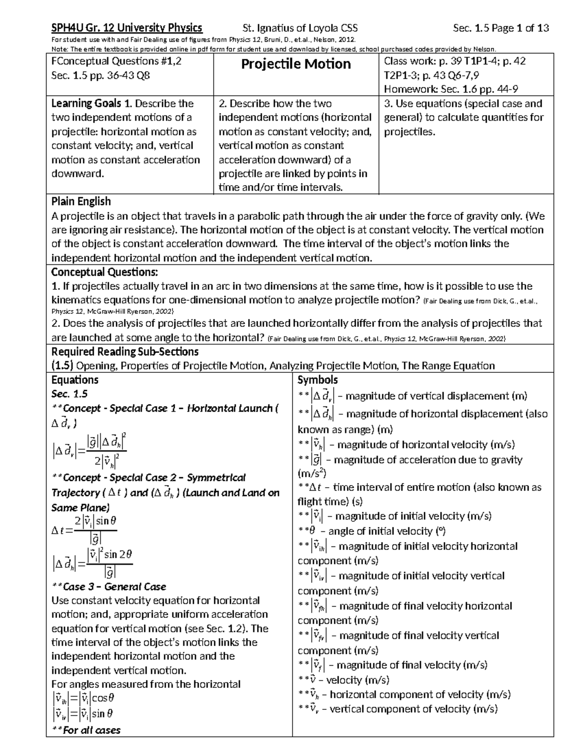 U1D6-01 SPH4U (1.5) Projectile Motion - For student use with and Fair ...