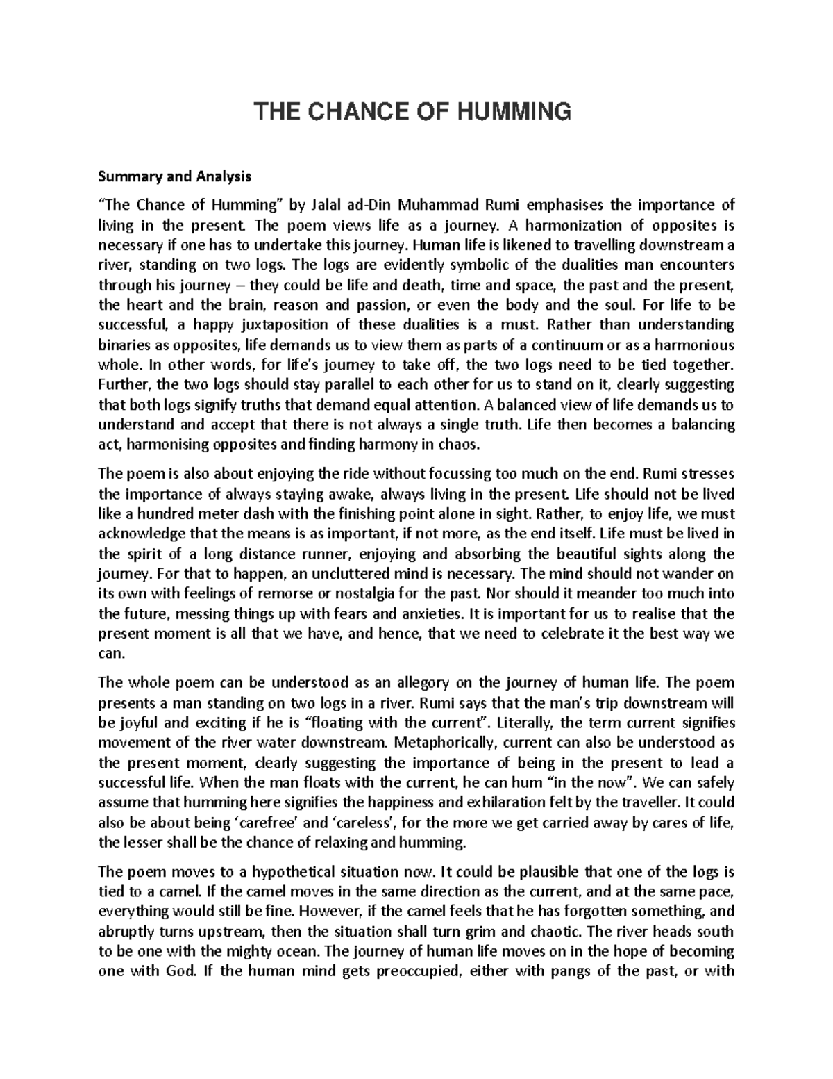 THE Chance OF Humming note - THE CHANCE OF HUMMING Summary and Analysis