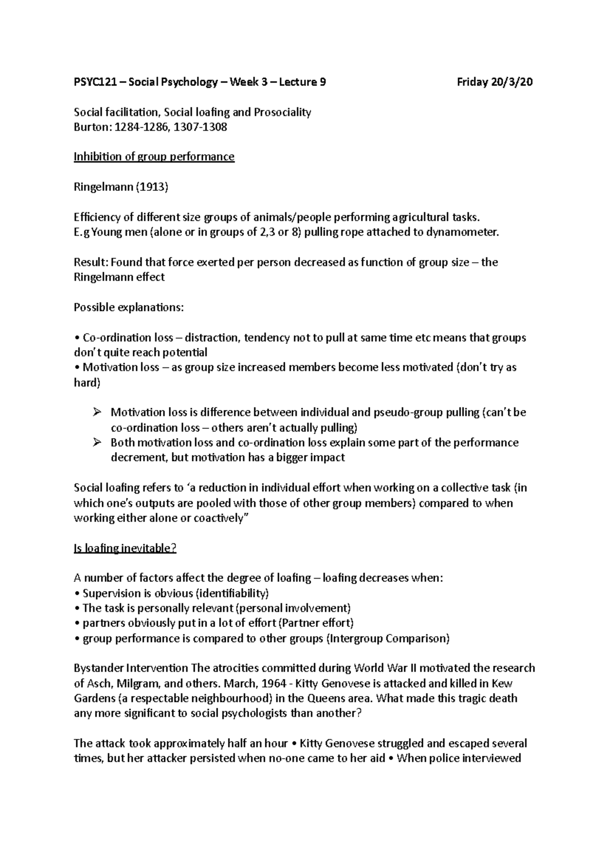PSYC121 Lecture 9 Notes - Social Loafing - 2020 - PSYC121 – Social ...