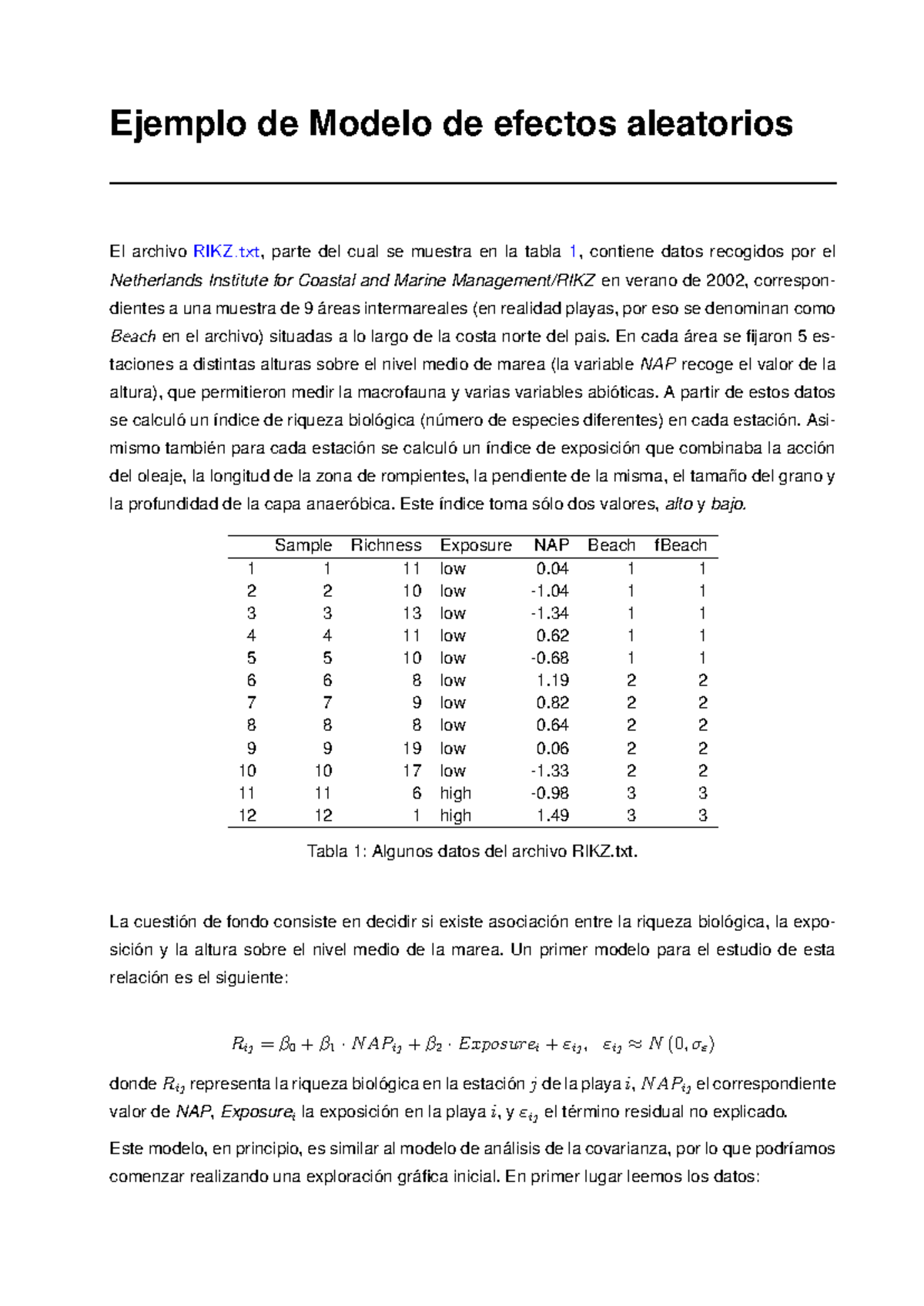 Efectos aleatorios y mixtos - Ejemplo de Modelo de efectos aleatorios El archivo RIKZ, parte del ...