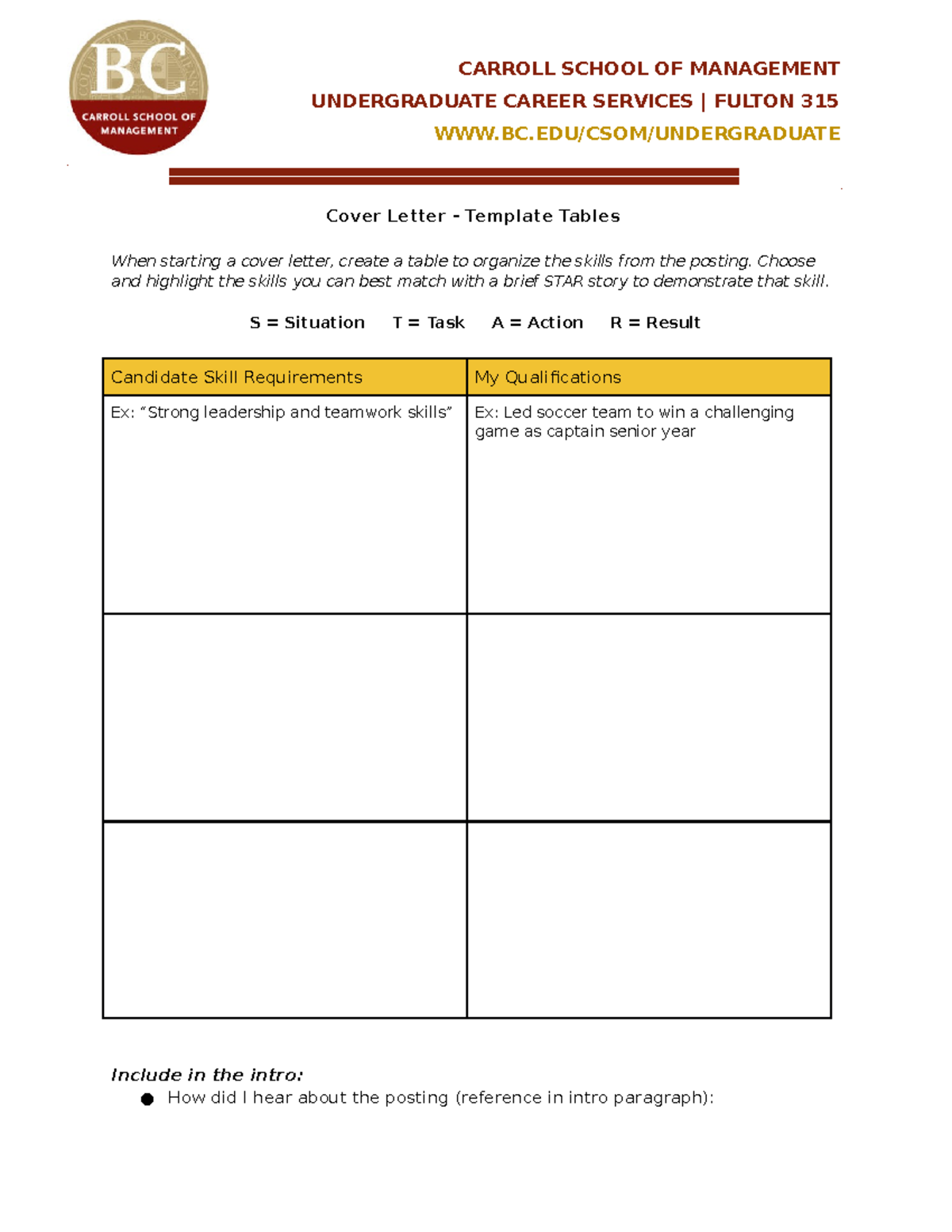 Cover Letter Worksheet Table - CARROLL SCHOOL OF MANAGEMENT ...