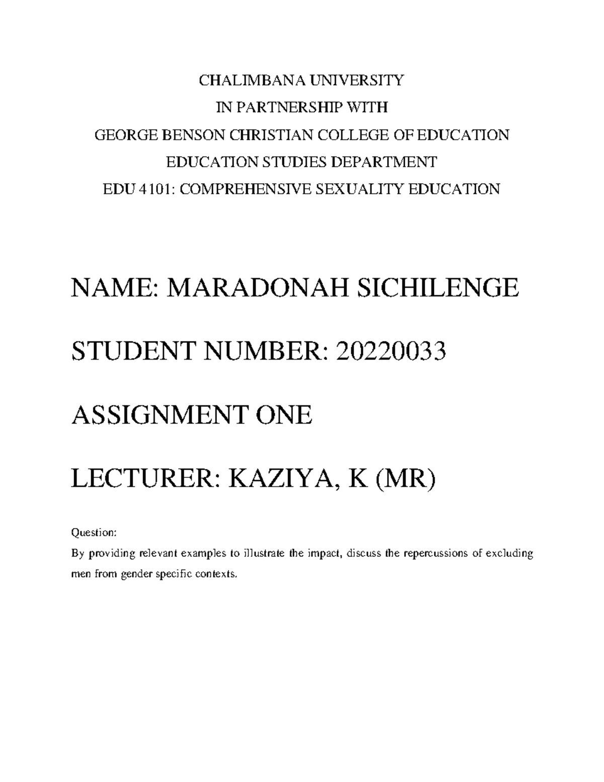 Gender Repurcussion - comprehensive sexuality education - CHALIMBANA ...