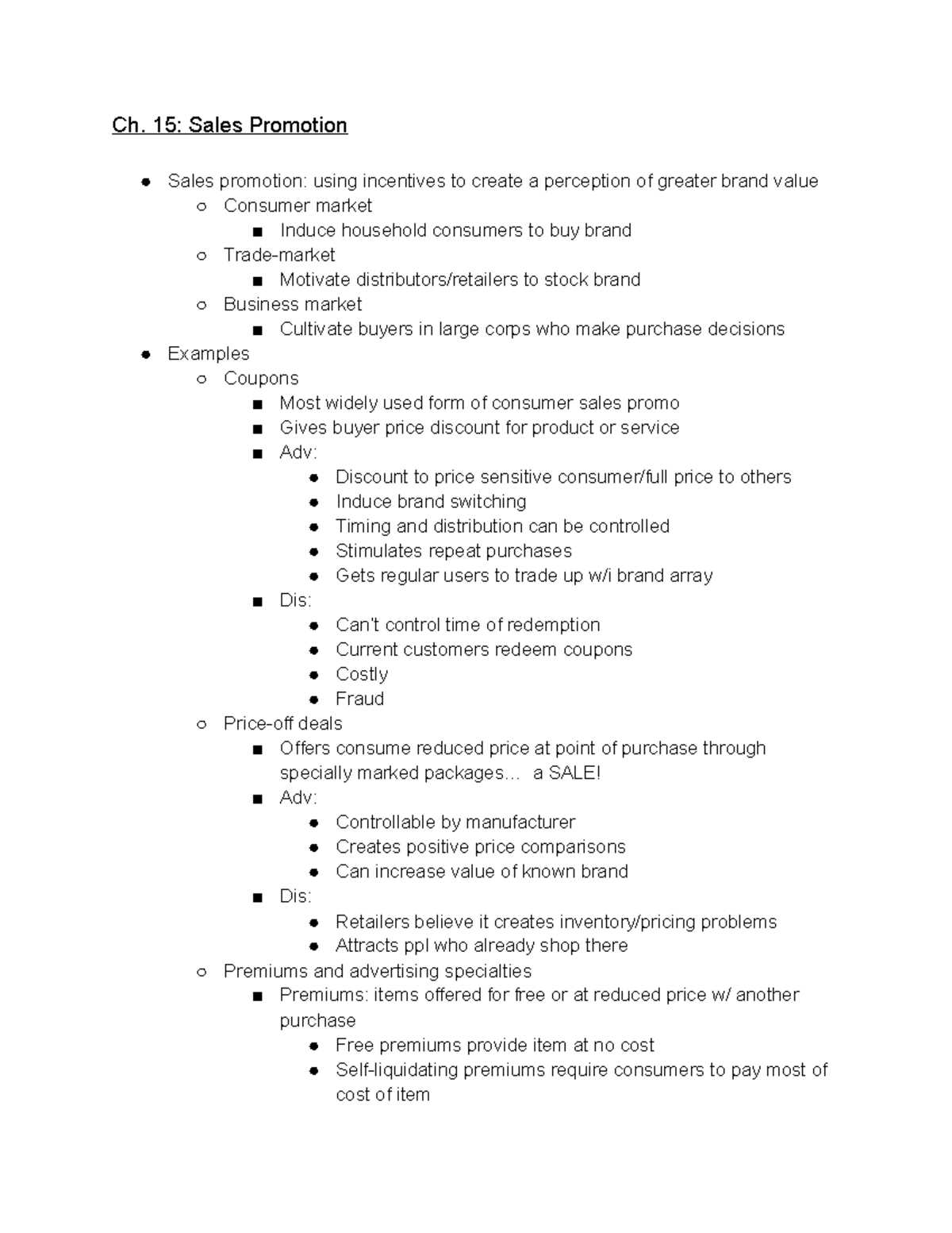 Ch. 15 Notes - Holly Higginbotham - Ch. 15: Sales Promotion Sales ...