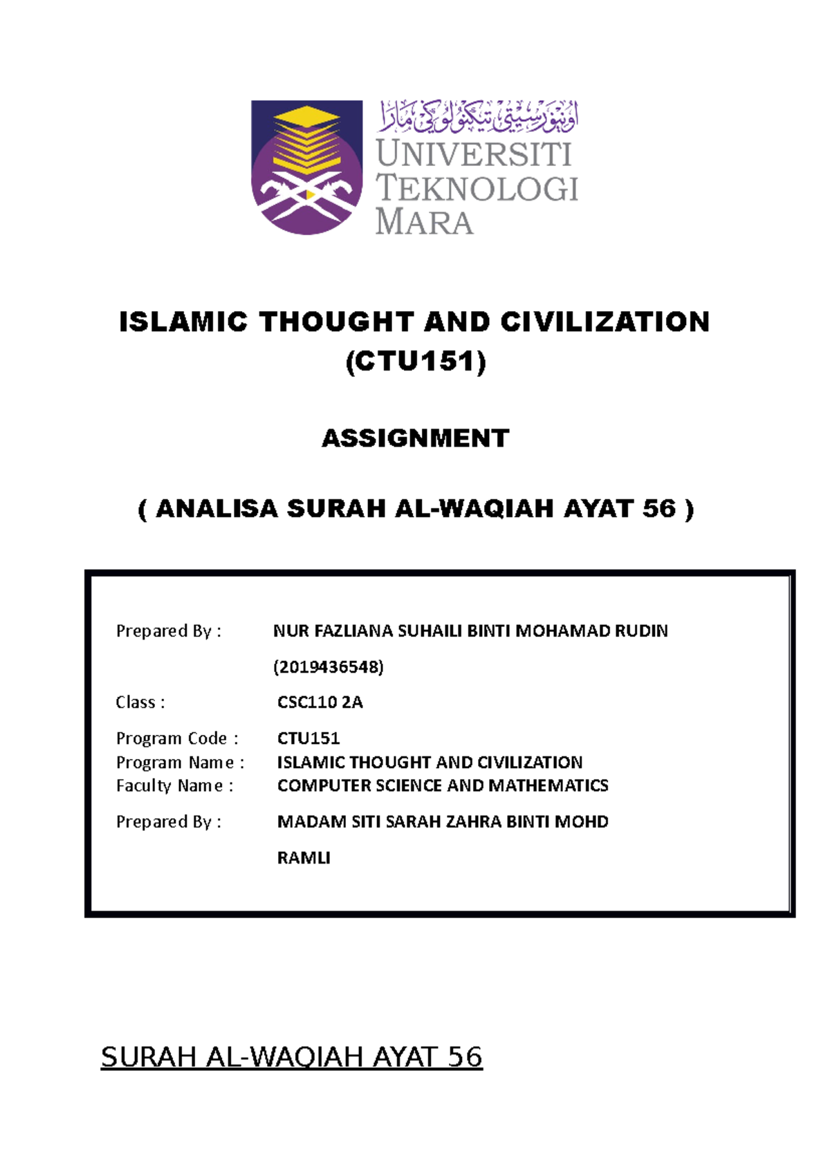 Analisa AYAT CTU101 - ISLAMIC THOUGHT AND CIVILIZATION (CTU151 ...