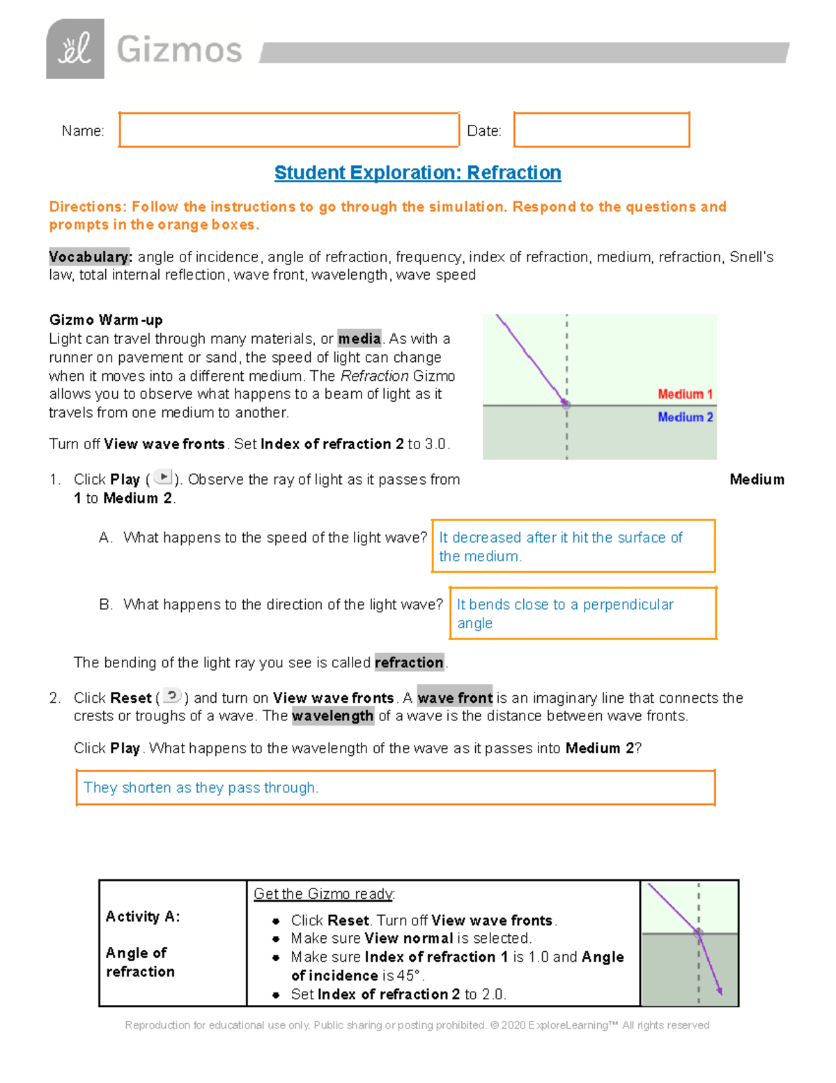Autumn Alexander - 4 22 Refraction SE - Name: Date: Student Exploration: Refraction Directions ...