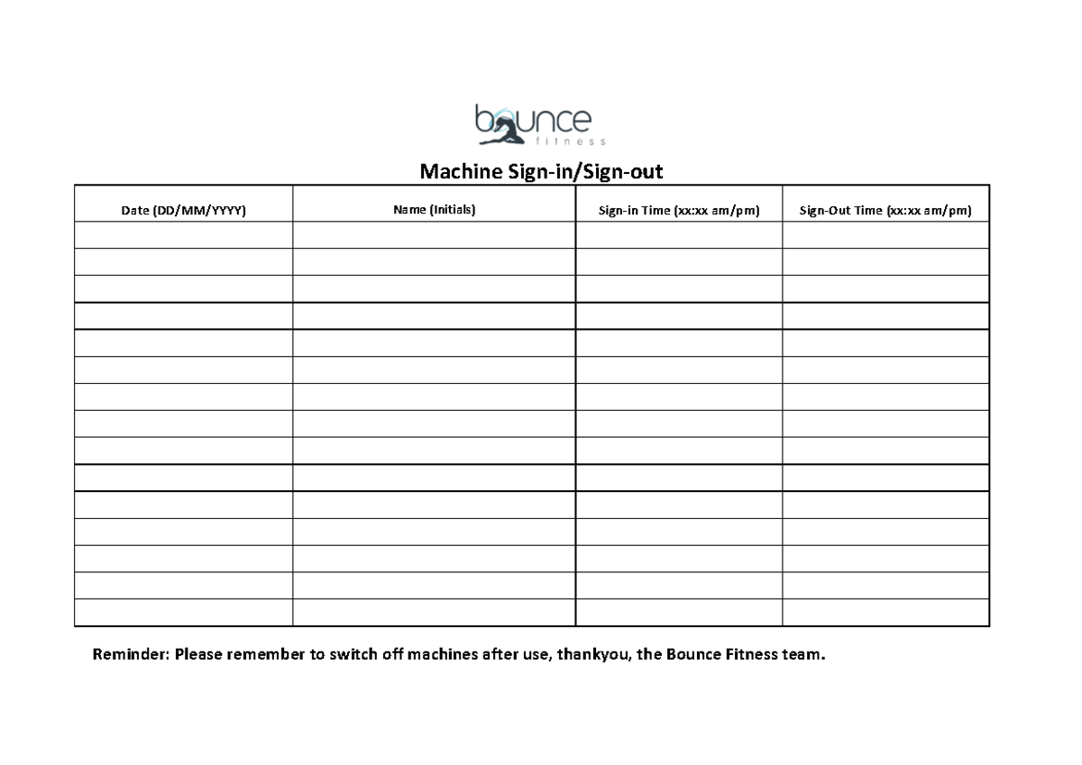 Bounce Fitness Machine Sign in and Sign out Record v1 - CHC32015 ...