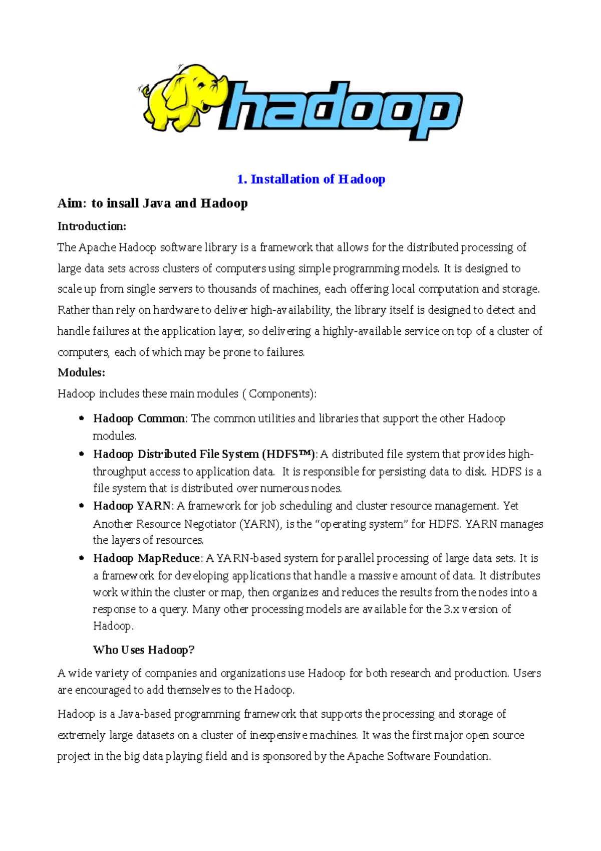 Hadoop Ecosystem Installation And Programming Using Map Reduce Api Installation Of Hadoop Aim