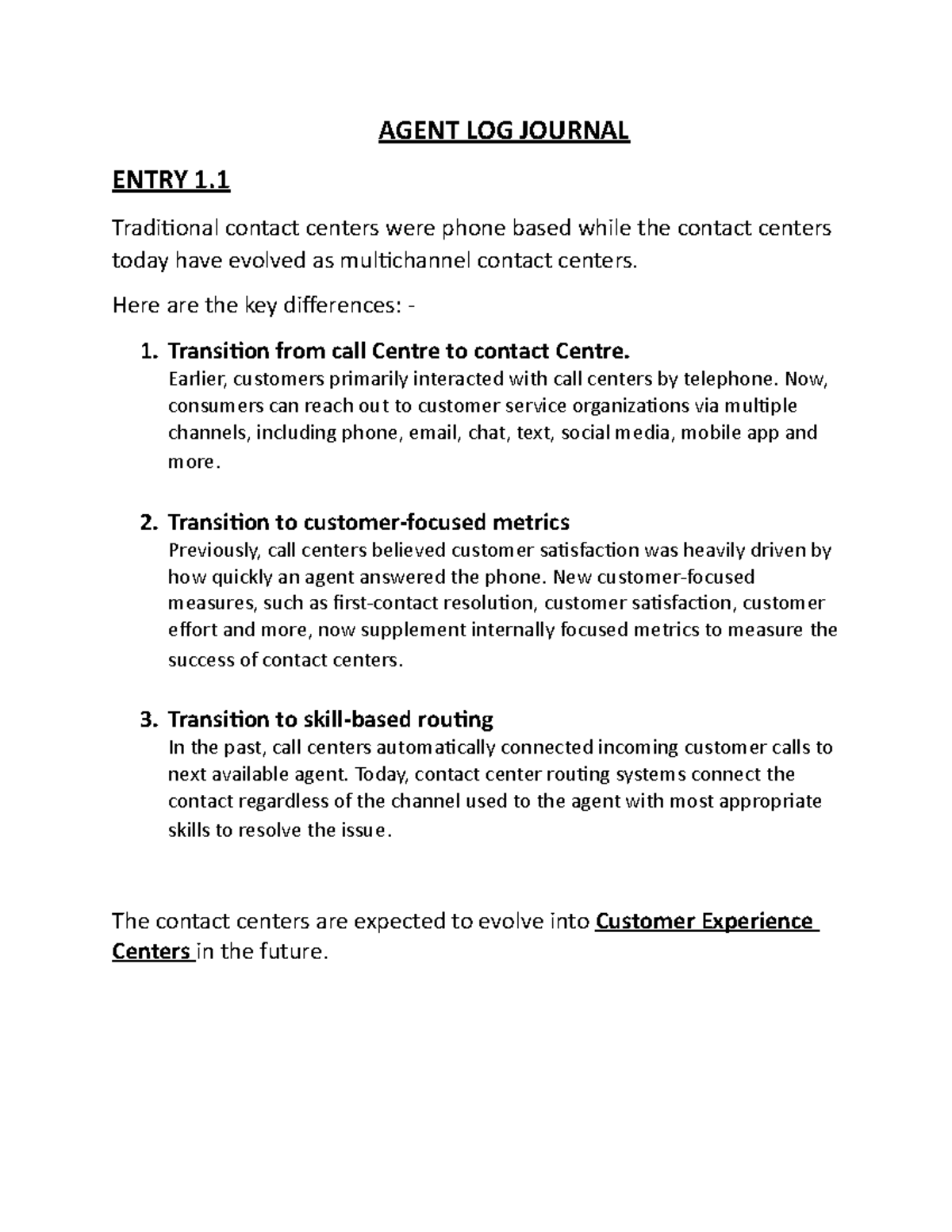 Agent Log Journal - contact centre environment activity - AGENT LOG ...