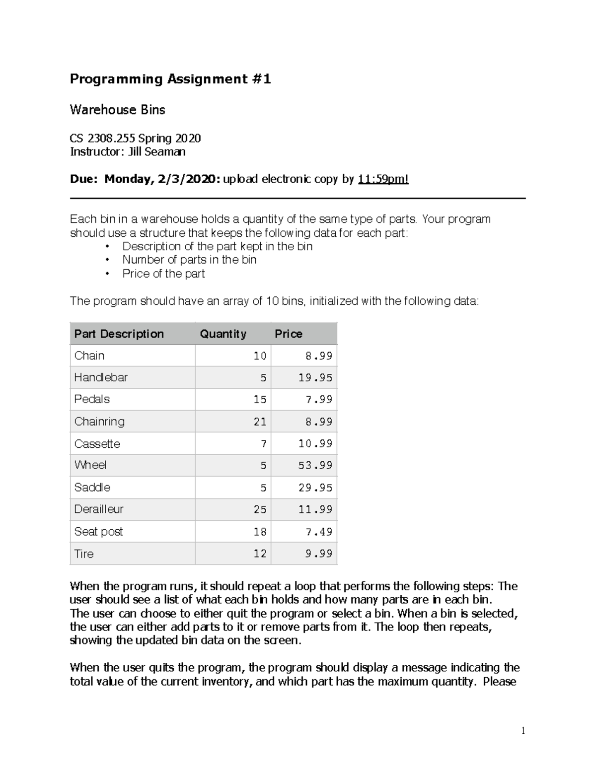 Assign 1 - Programming Assignment Warehouse Bins CS 2308 Spring 2020 Instructor: Jill Seaman Due ...