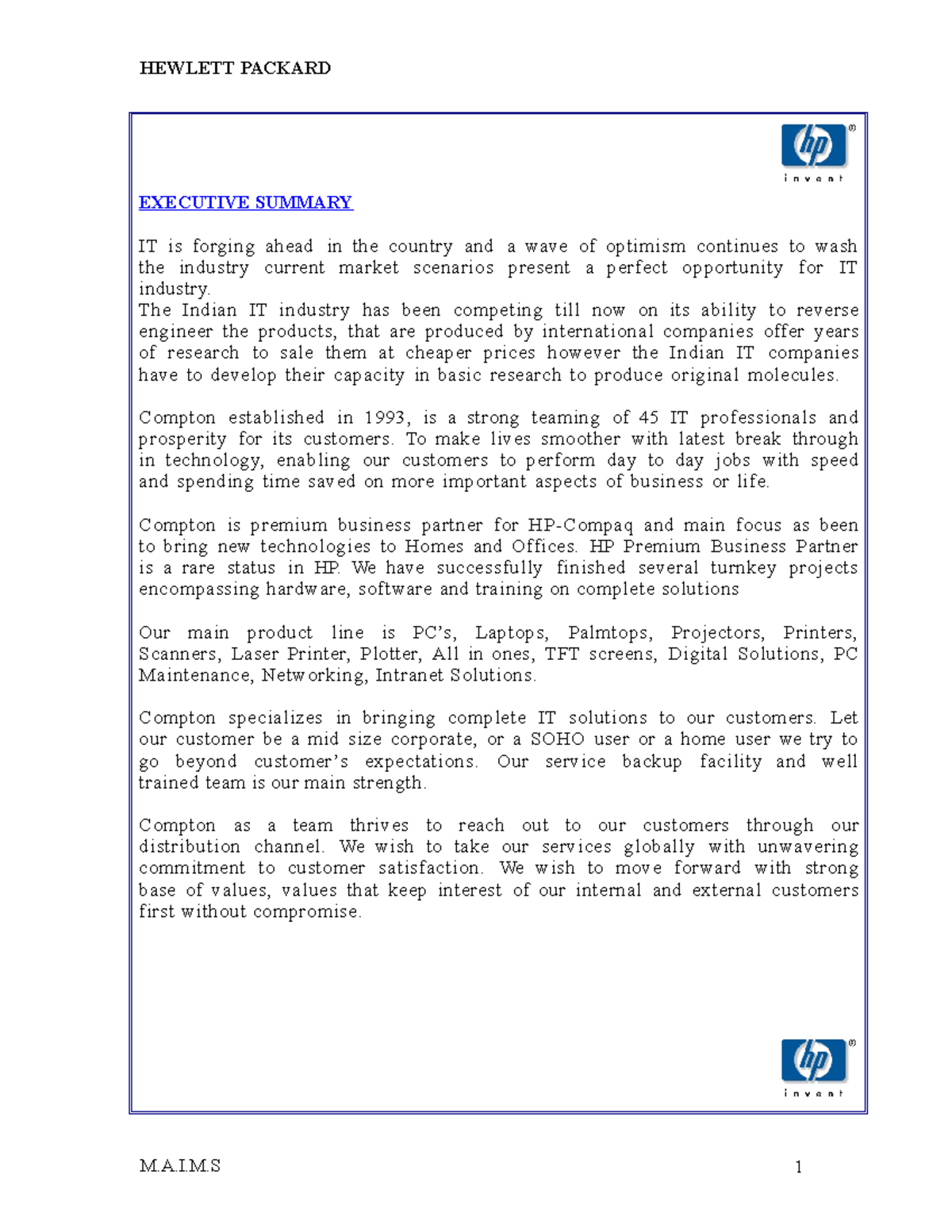 Pdf project on hp for bba 3rd sem - HEWLETT PACKARD M.A.I.M 1 EXECUTIVE SUMMARY IT is forging ...