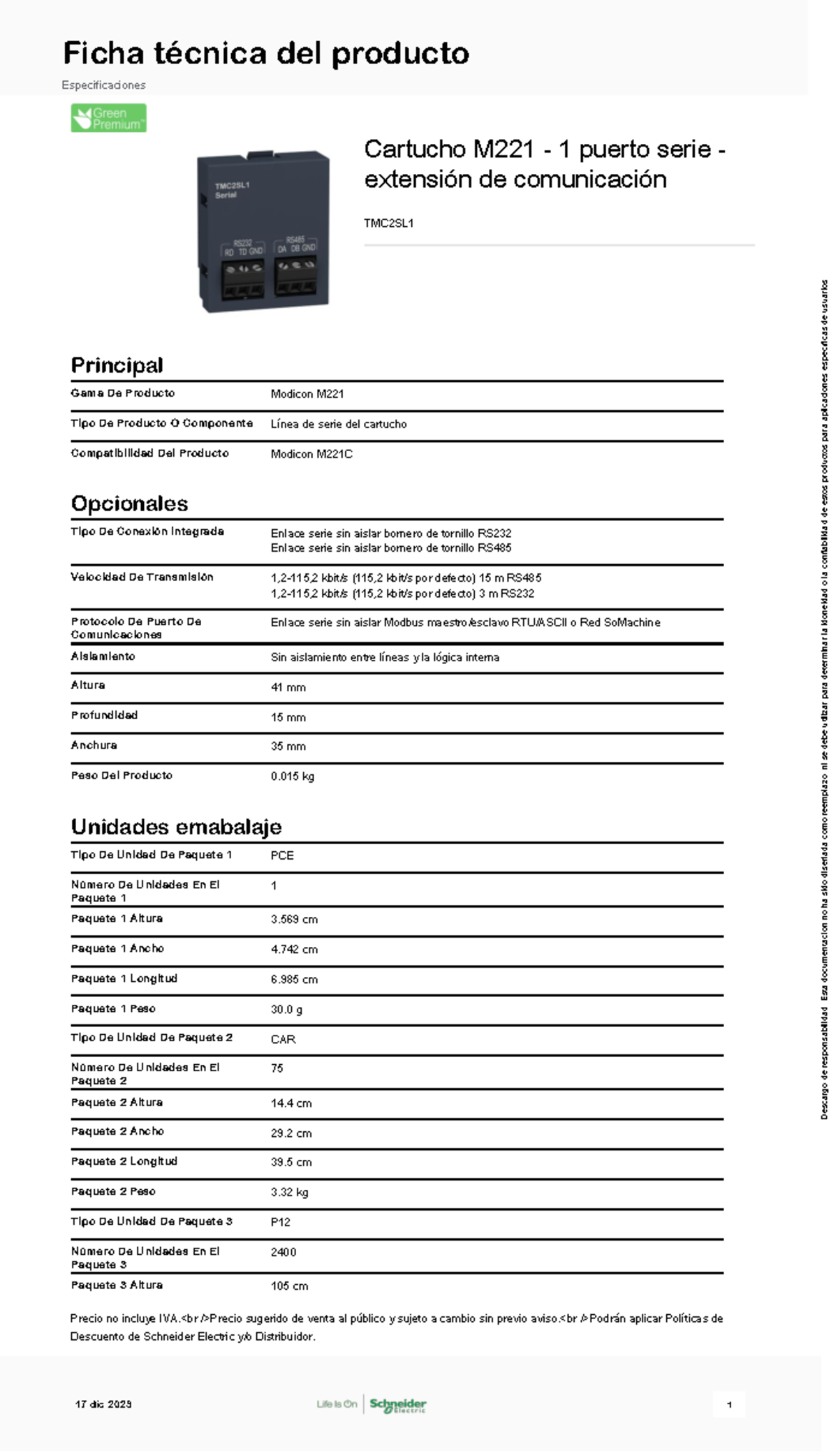 Schneider Electric Modicon-M221 TMC2SL1 - Cartucho M221 - 1 puerto ...