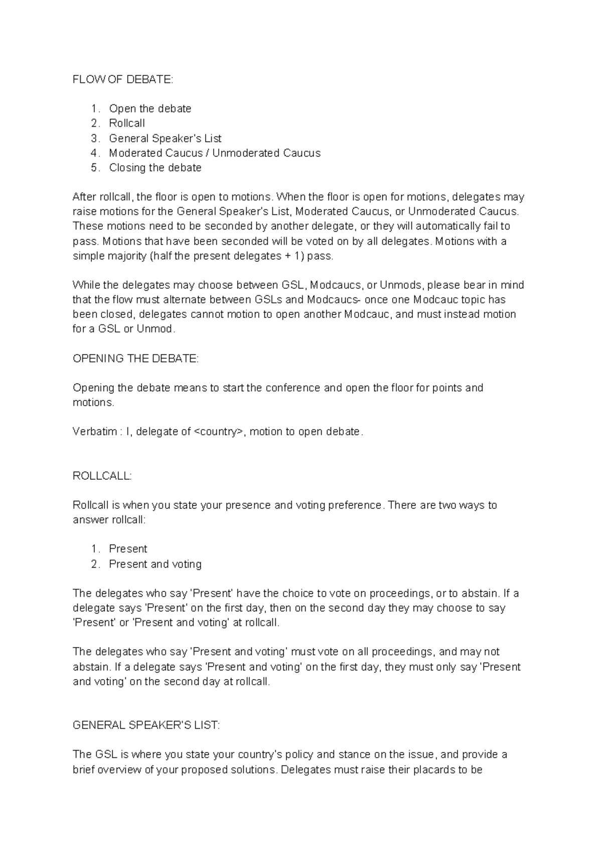 Rules OF Procedure - explaination - FLOW OF DEBATE: Open the debate ...