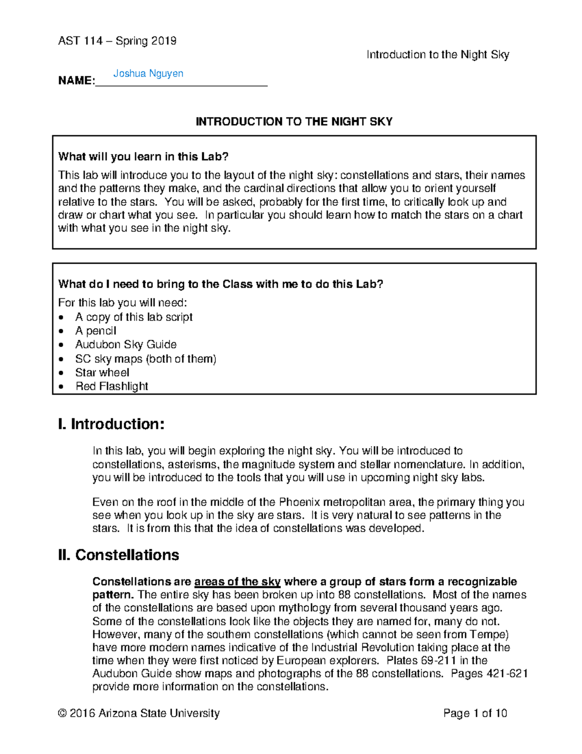 Intro to Night Sky - Introduction to the Night Sky NAME ...