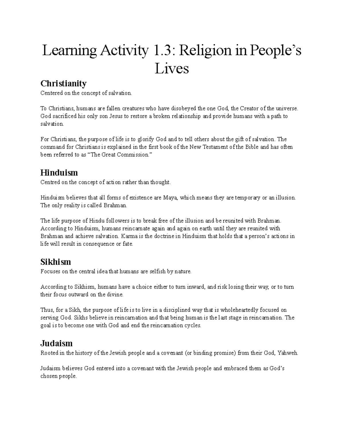 Learning Activity 1 - hello - Learning Activity 1: Religion in People’s ...