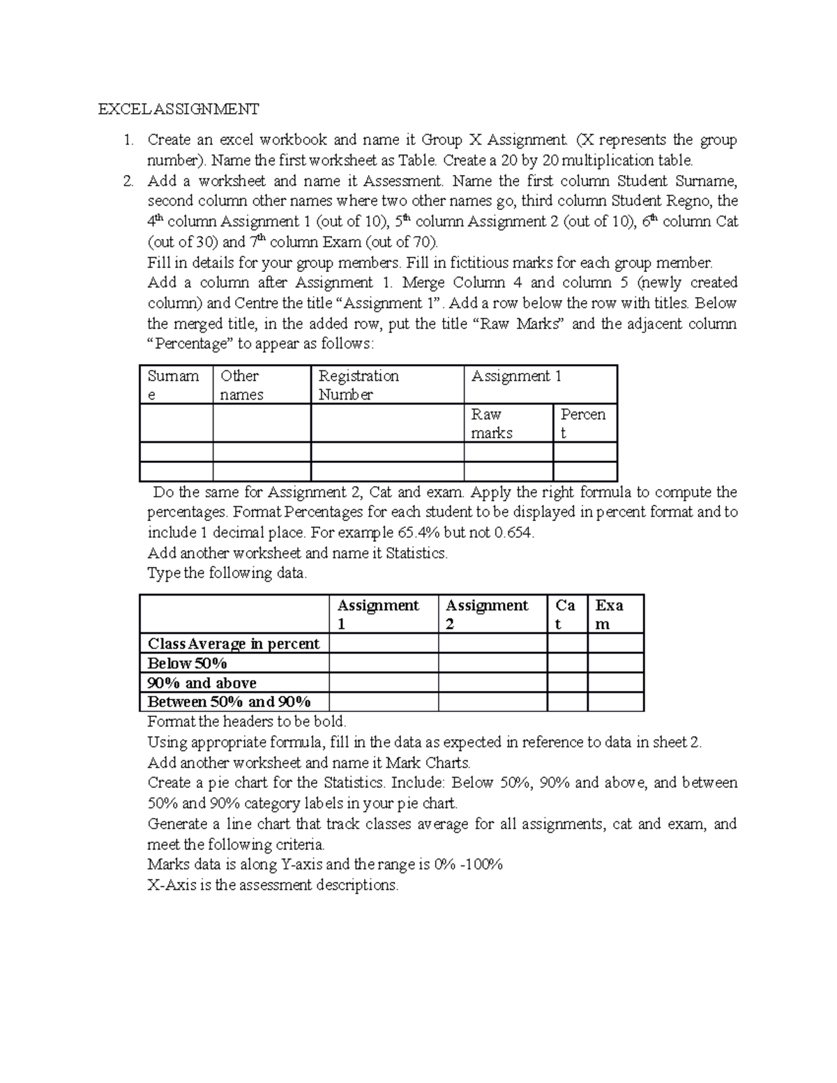 Excel Assignment - GOOD - EXCEL ASSIGNMENT Create an excel workbook and ...