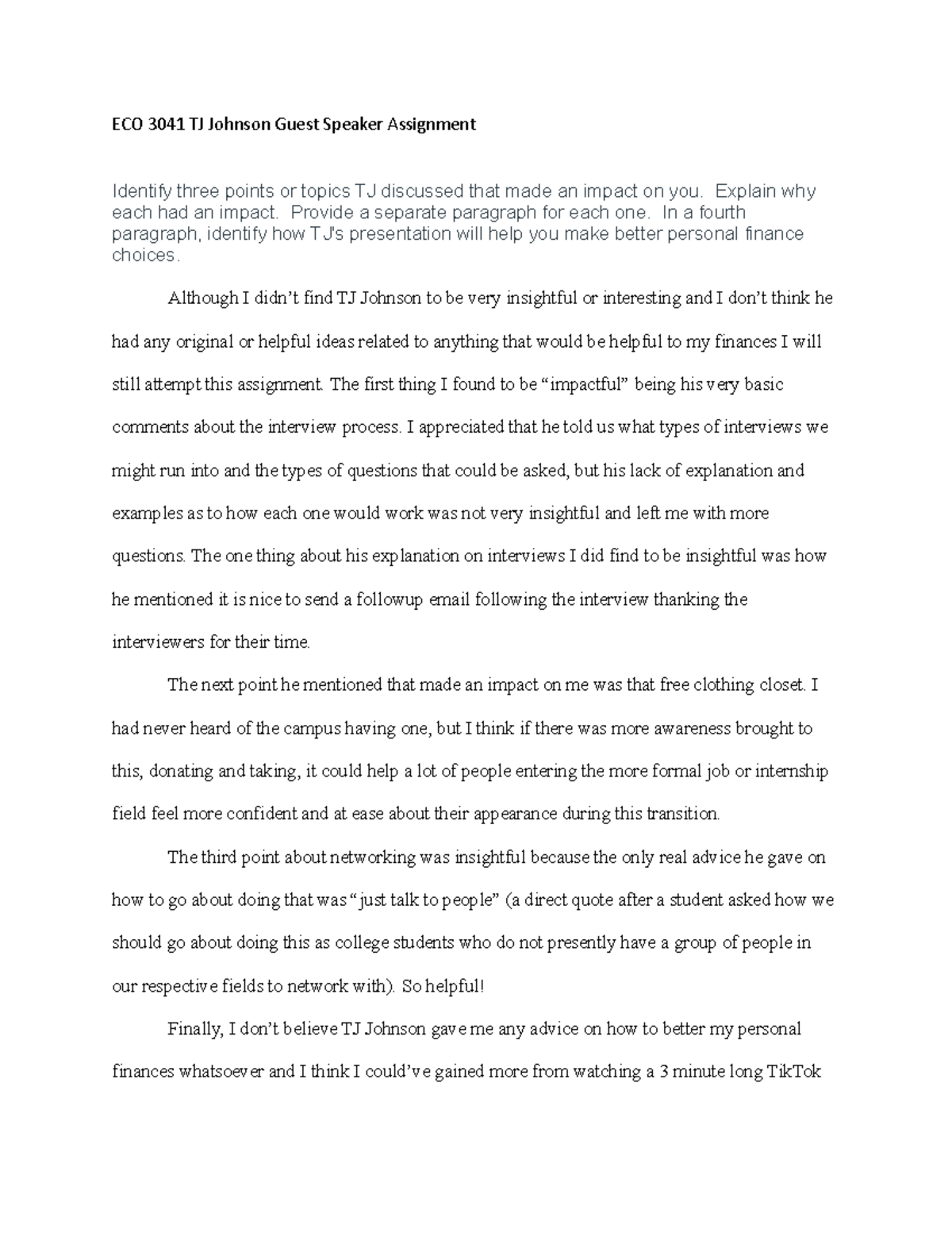 ECO 3041 TJ Johnson Guest Speaker Assignment - ECO 3041 TJ Johnson ...