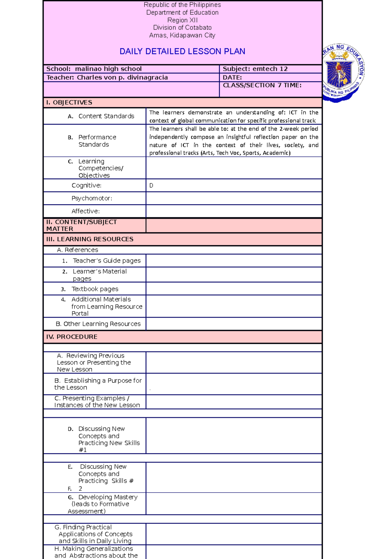 DLP-Template - good - Republic of the Philippines Department of ...