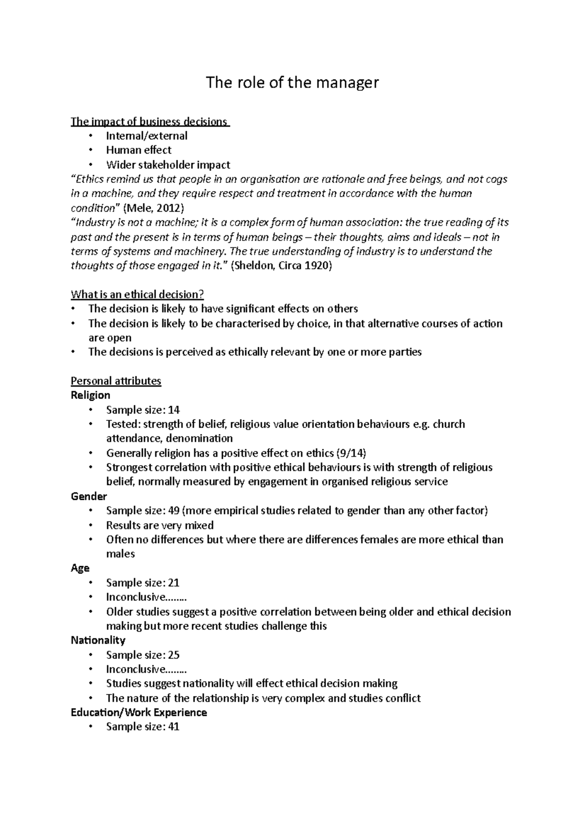 The role of the manager notes - The role of the manager The impact of ...