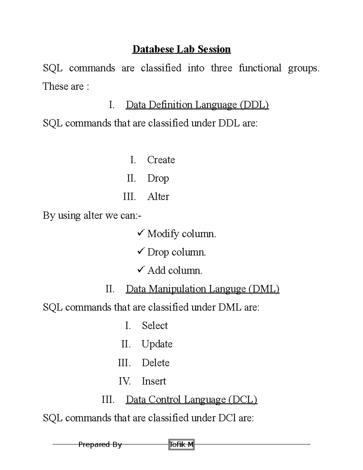 Db Lab Session Lab Material Databese Lab Session Sql Commands Are Classified Into Three 8236