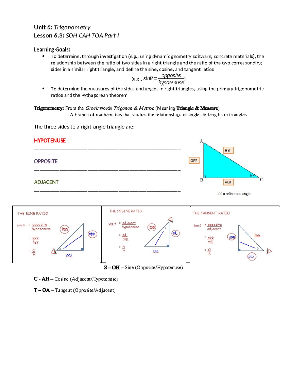 03 - Lesson 6.3 - SOH CAH TOA Part I - Unit 6: Trigonometry Lesson 6 ...