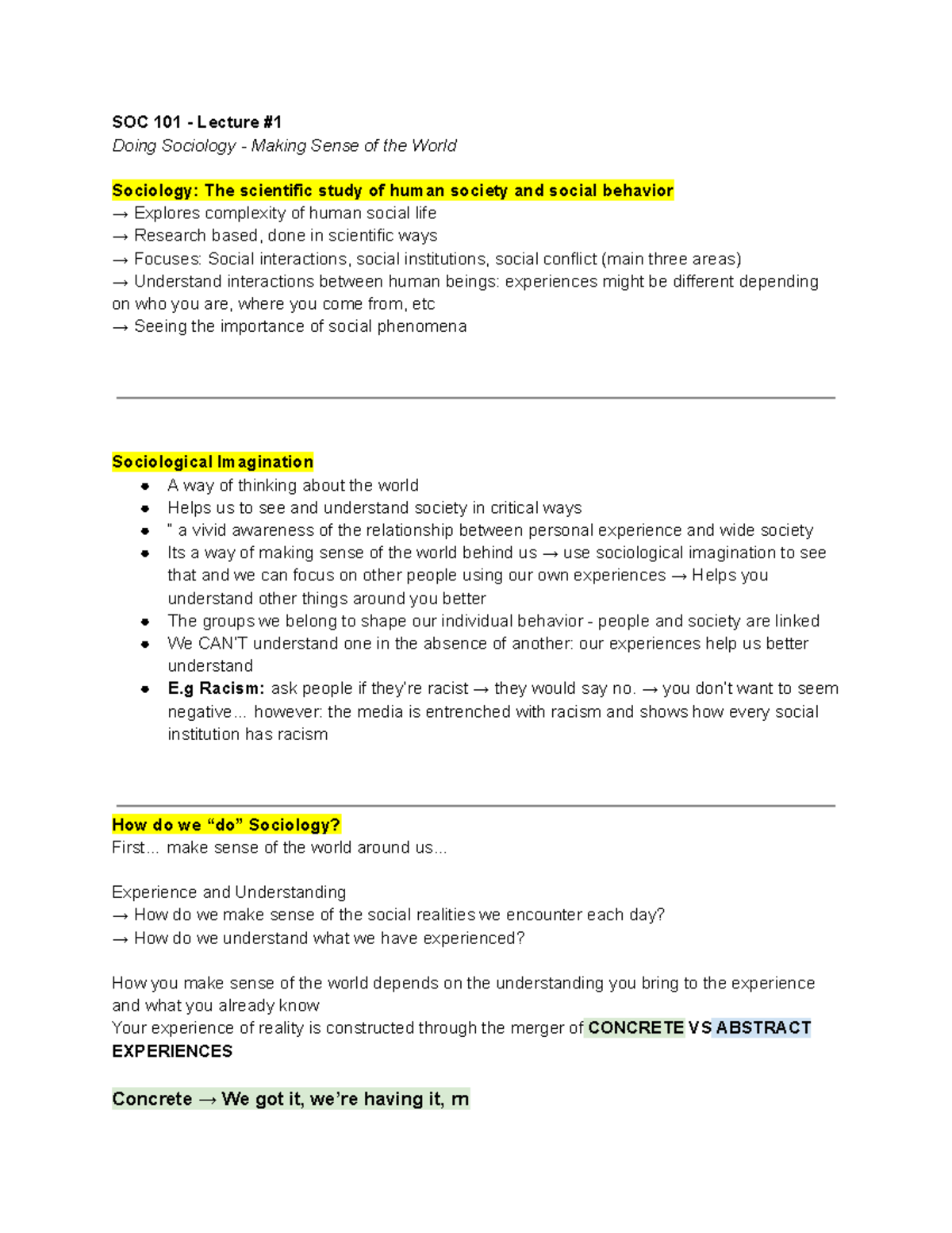 SOC Notes - SOC 101 - Lecture # Doing Sociology - Making Sense of the ...