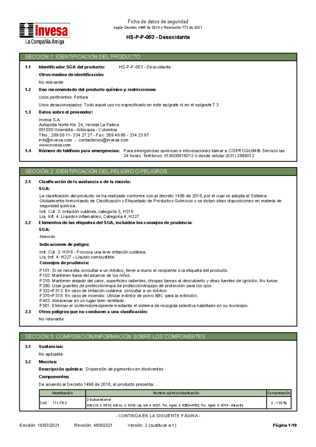 HS P P 053 Desoxidante - HS-P-P-053 - Desoxidante según Decreto 1496 de 2018 y Resolución 773 de ...