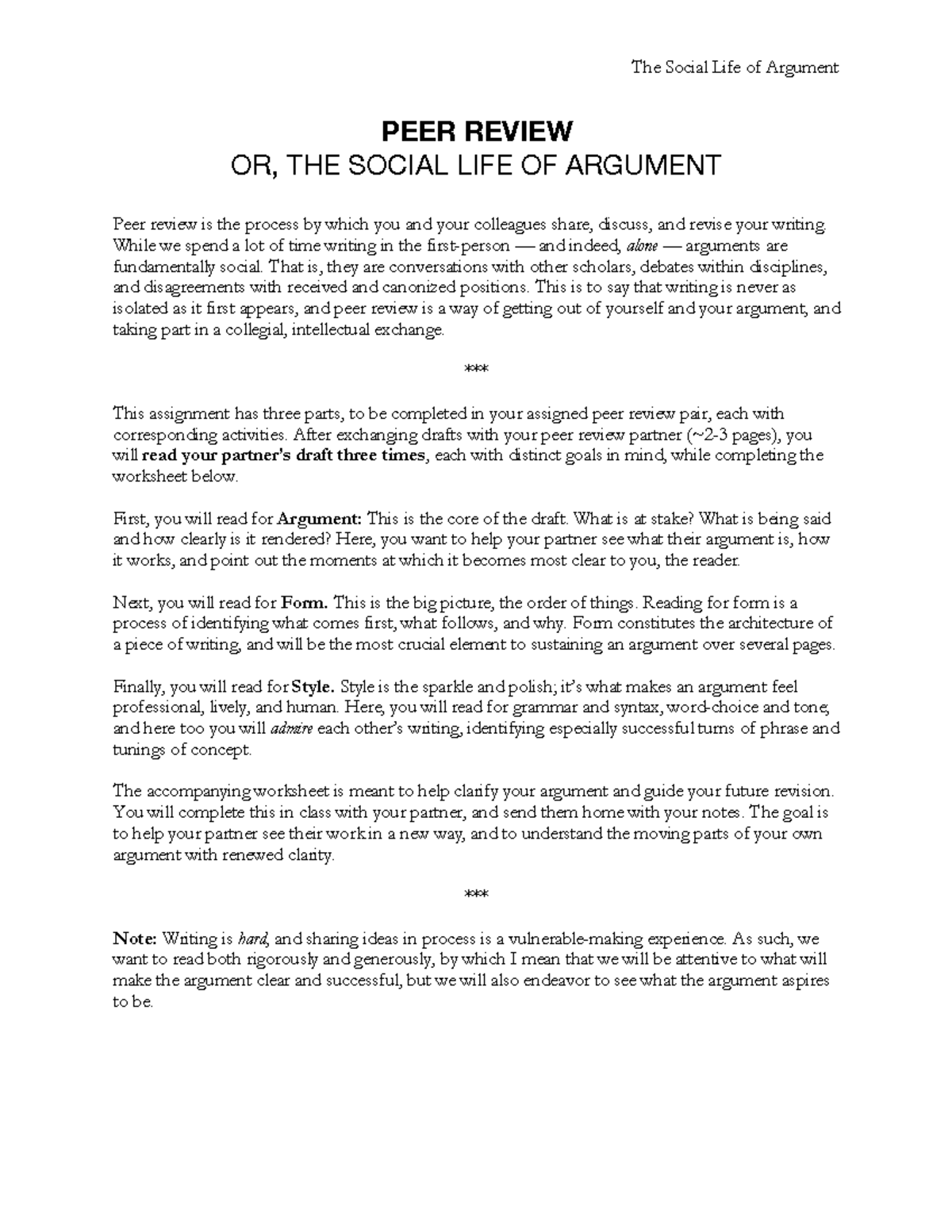 Peer Review Assignment - The Social Life of Argument PEER REVIEW OR ...