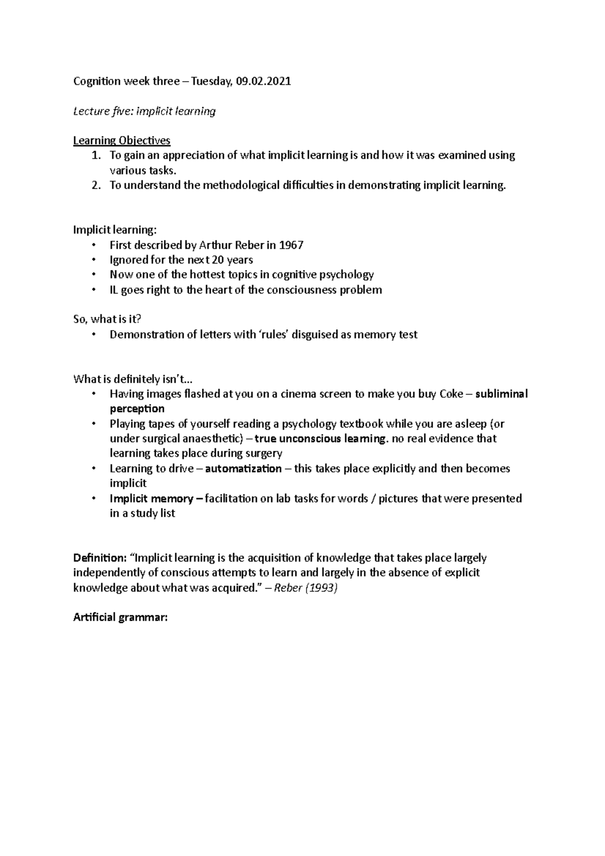 Cognition Lecture 5 Implicit Learning 1 Cognition Week Three Tuesday 09 Lecture Five