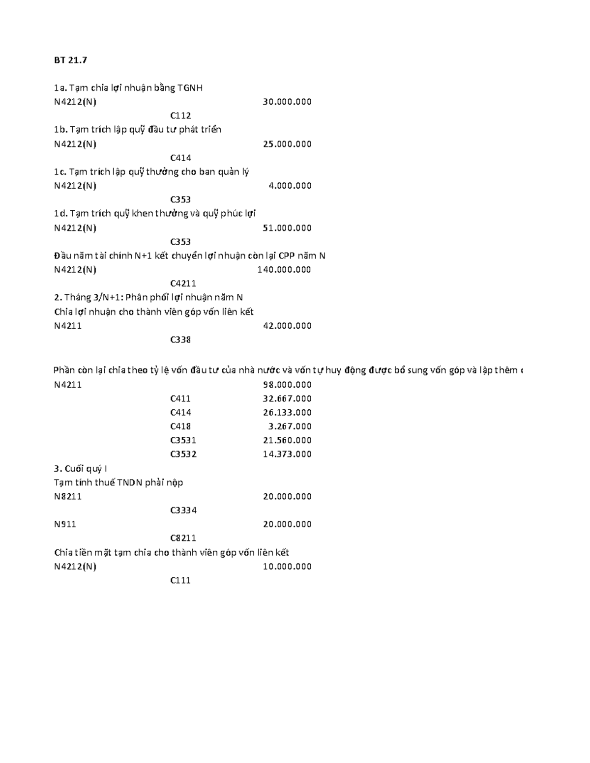 Chuong 21 - NHÓM 7 - BT 21. 1a. Tạm chia lợi nhuận bằng TGNH N4212(N ...