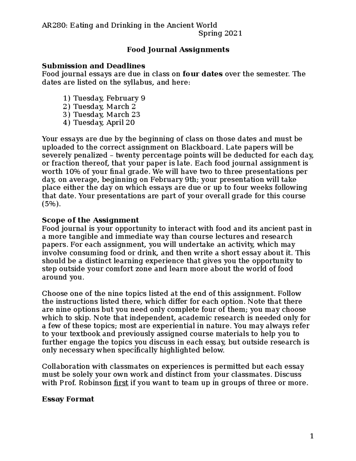 Food Journal Assignment 2021 - Spring 2021 Food Journal Assignments ...