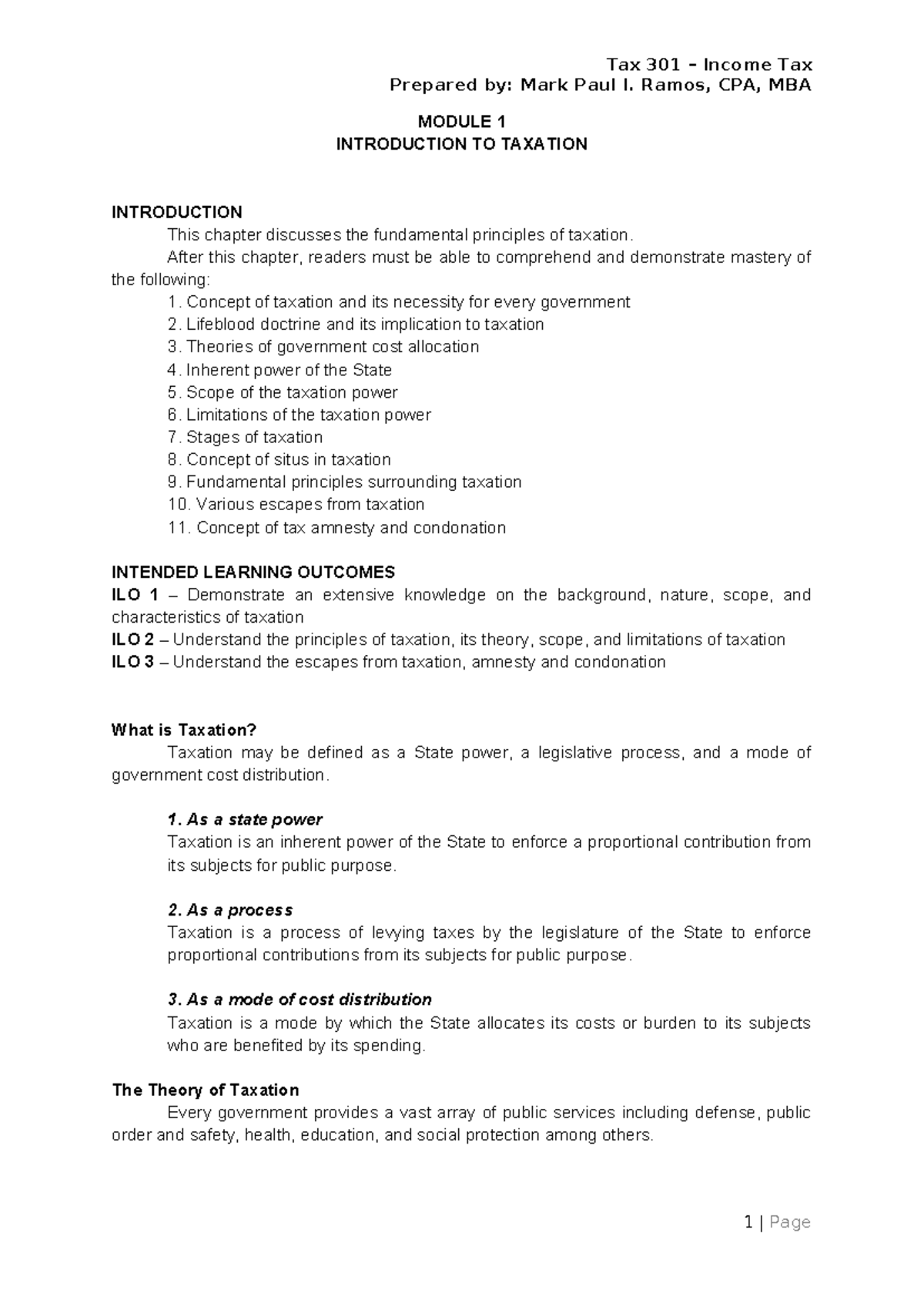 Module 1 - Introduction to Taxation - Prepared by: Mark Paul I. Ramos ...
