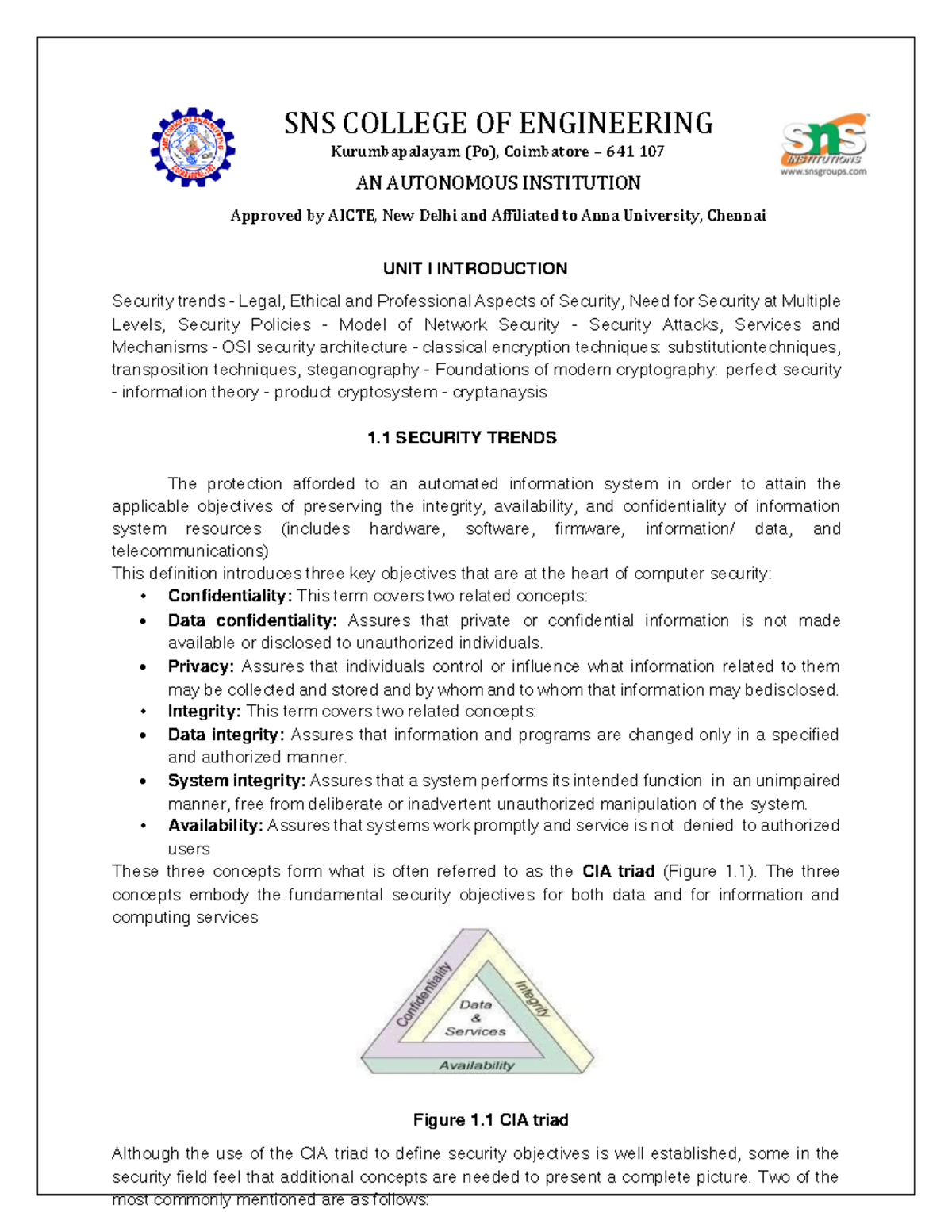 CNS UNIT 1 - notes - UNIT I INTRODUCTION Security trends - Legal ...