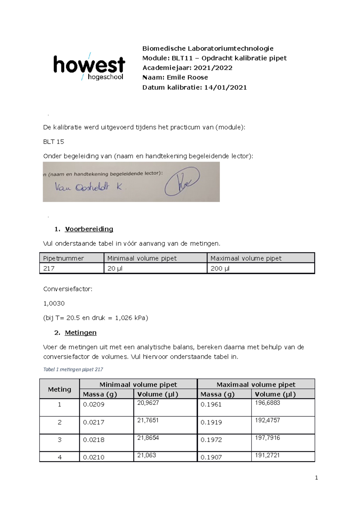 Sjabloonverslag opdracht kalibratie van een pipet - Biomedische ...