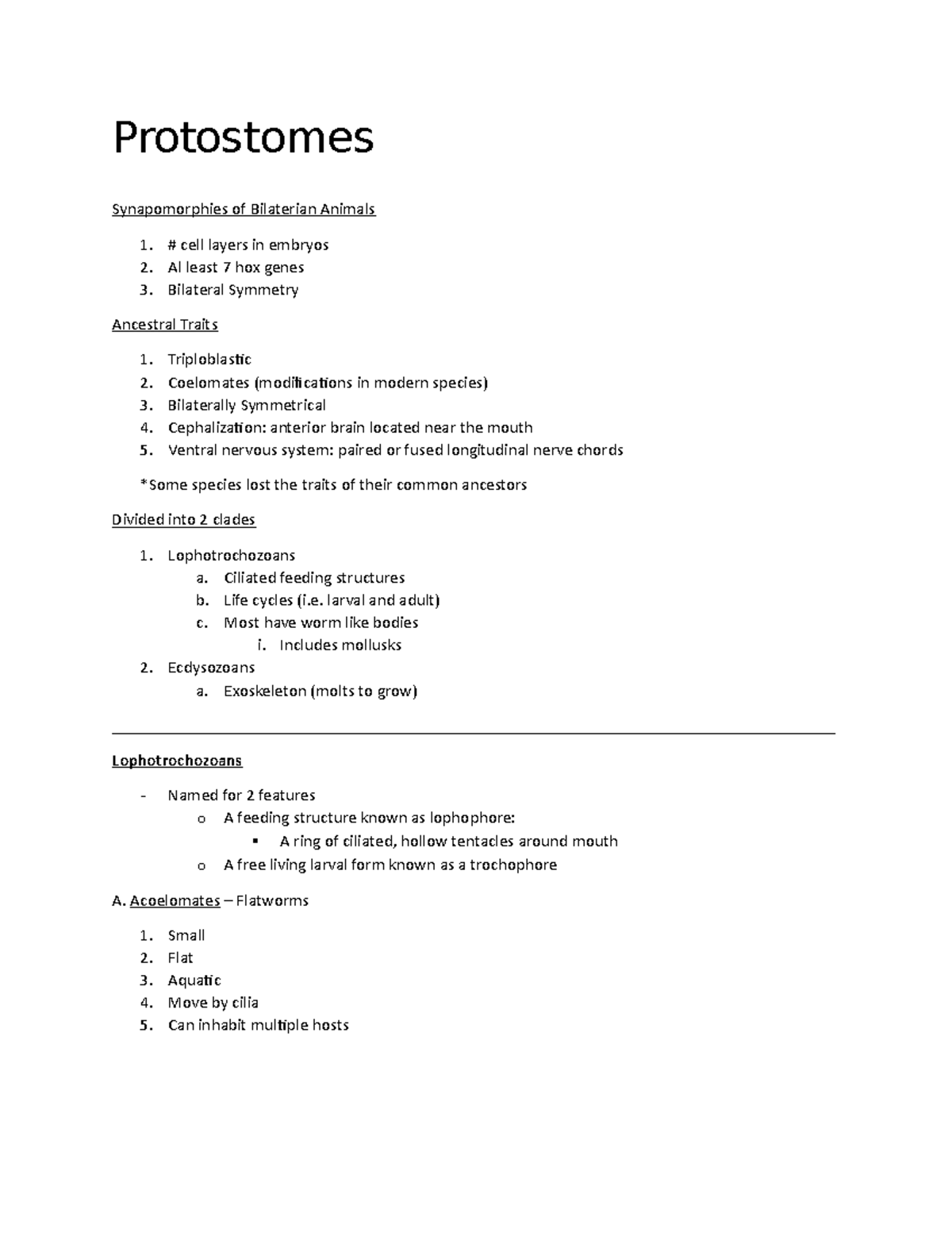Protostomes - For Prof. Pettit's Course - Protostomes Synapomorphies of ...