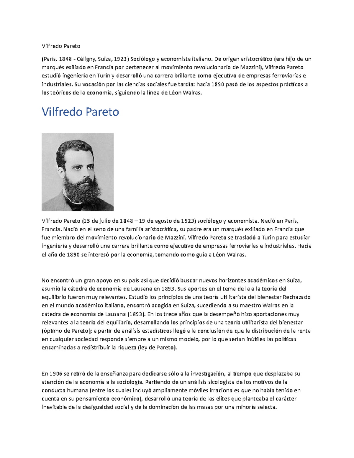 Bibliografia de pareto - Vilfredo Pareto (París, 1848 - Céligny, Suiza ...