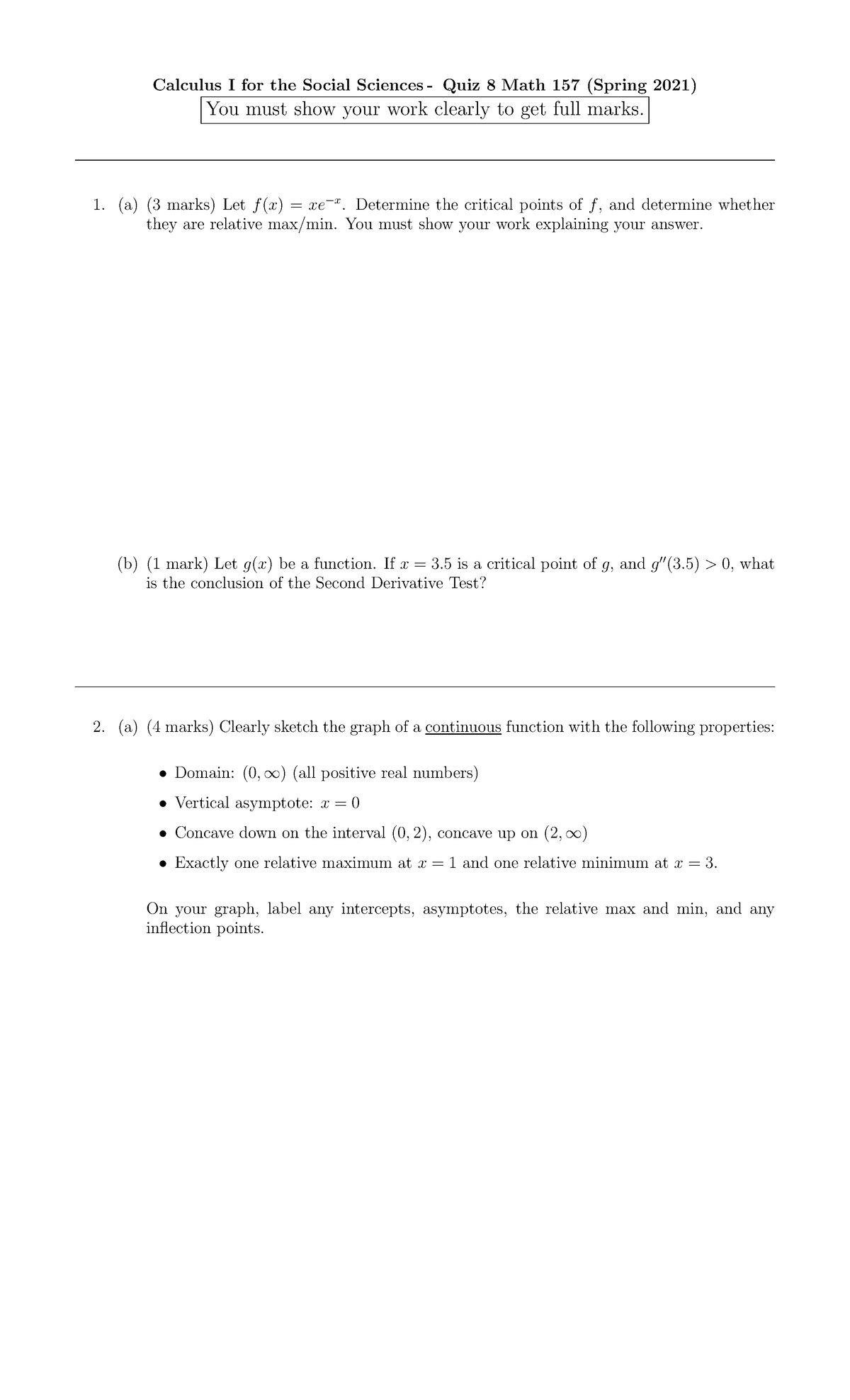 157q8 - review - Calculus I for the Social Sciences - Quiz 8 Math 157 ...