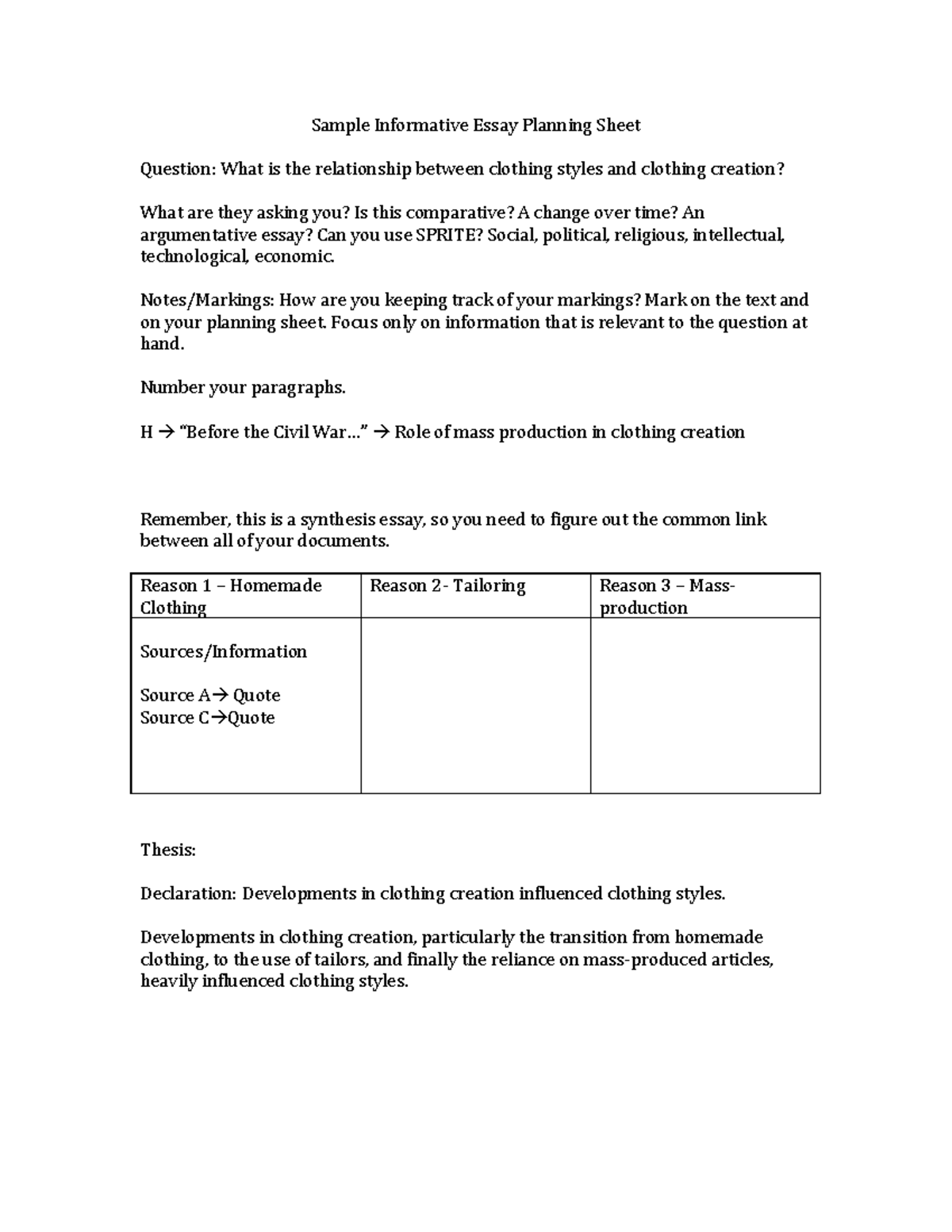 Sample Informative Essay Planning Sheet ...