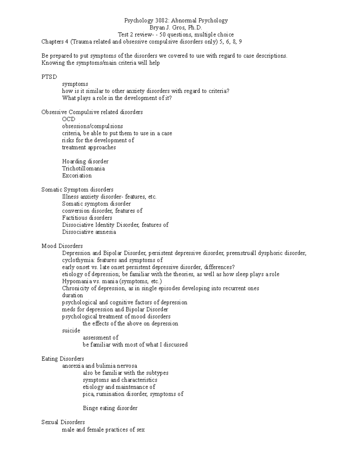 Test 2 review psyc 3082 - Psychology 3082: Abnormal Psychology Bryan J ...