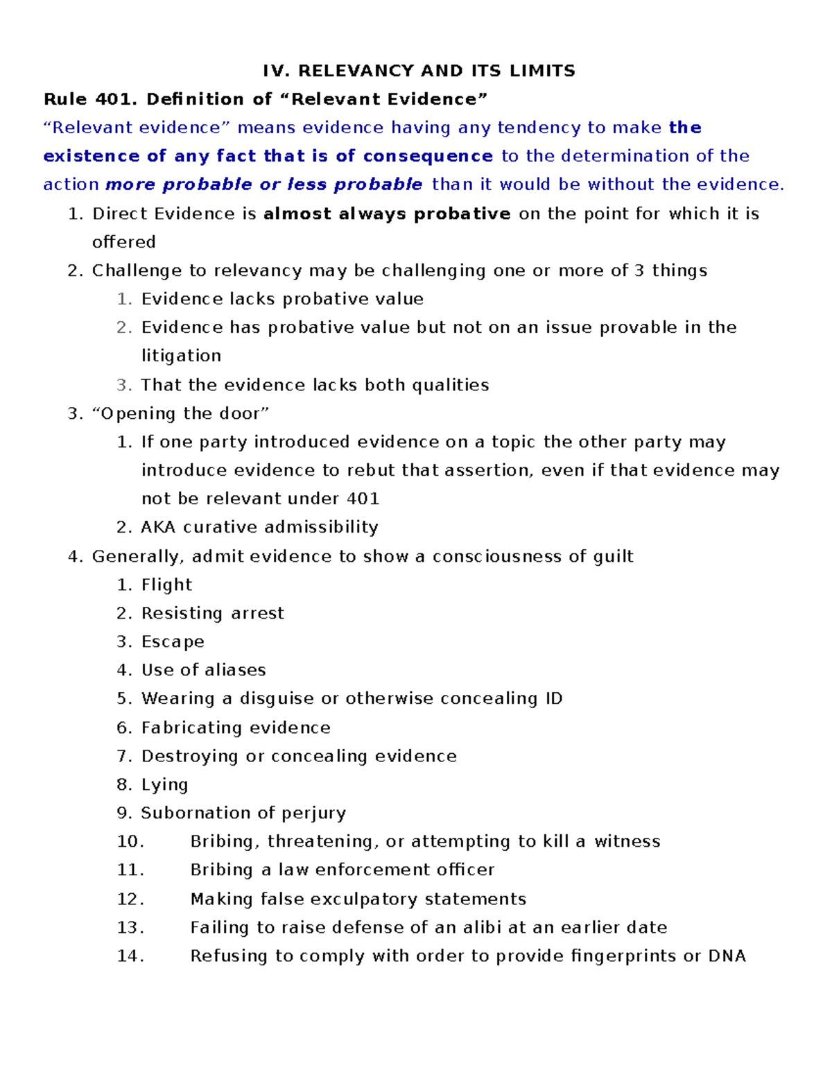 Evidence Midterm Review Outline - IV. RELEVANCY AND ITS LIMITS Rule 401 ...
