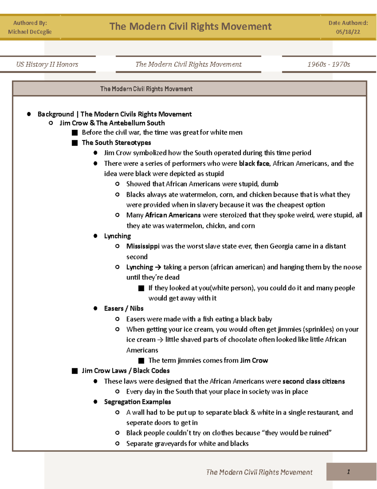 The Modern Civil Rights Movement Notes - Authored By: Michael DeCeglie ...