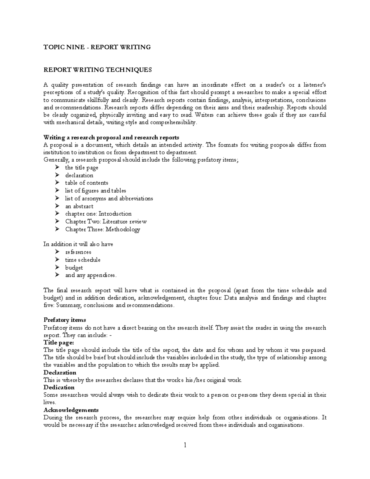 Topic 9 - lectures notes - TOPIC NINE - REPORT WRITING REPORT WRITING ...